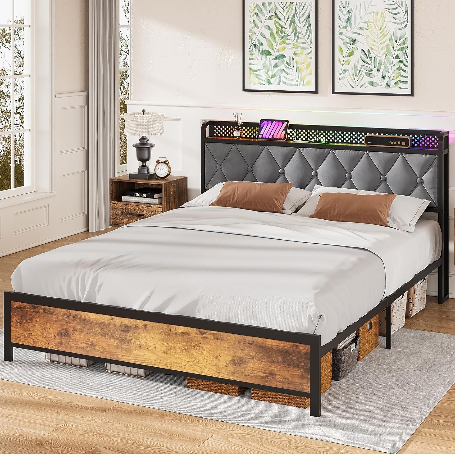 ADVWIN Queen Size Bed Frame, Storage Headboard with Led & Charging ...