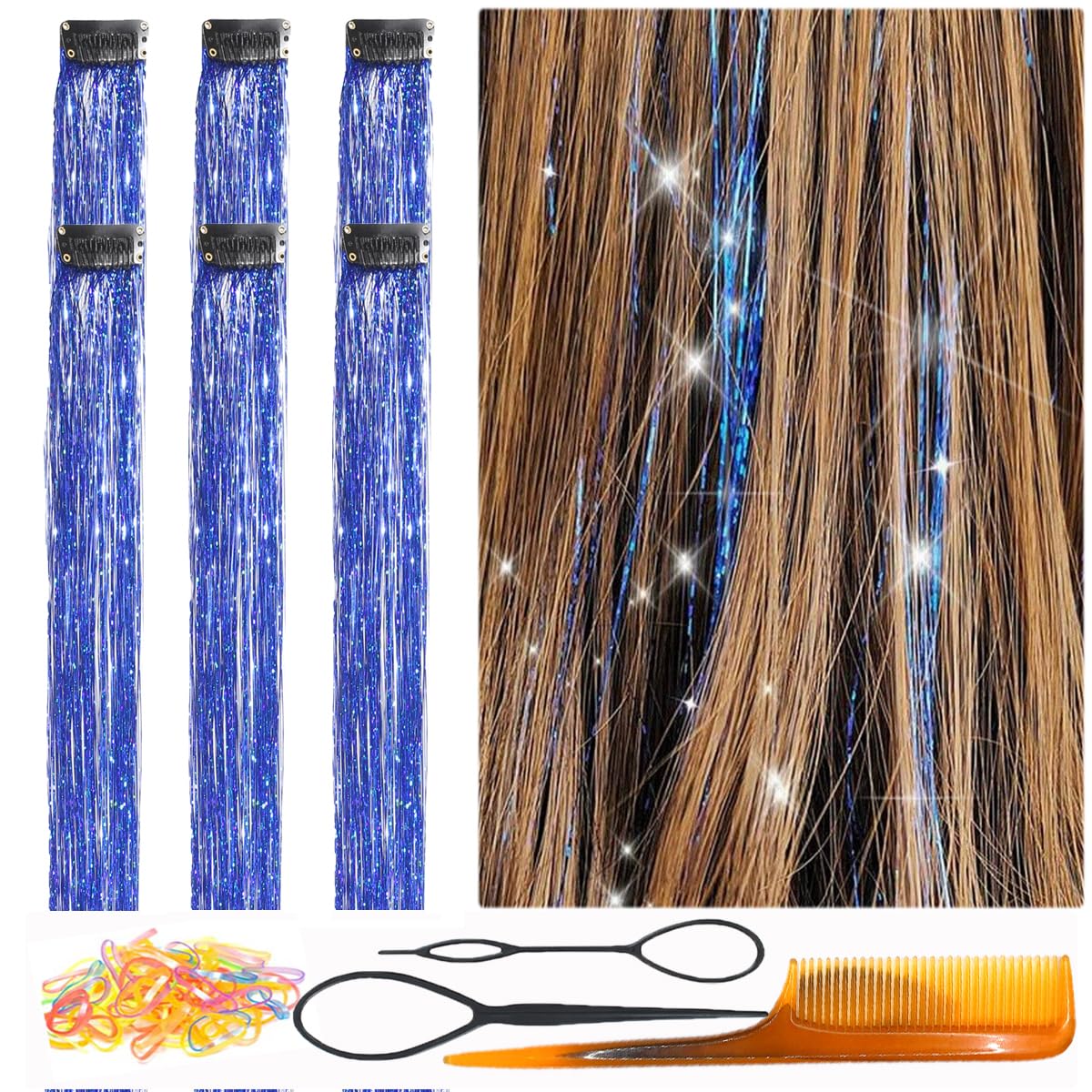 Amazon.com : CelineBella Clip In Tinsel Hair Blue Sparkly Hair Strands ...