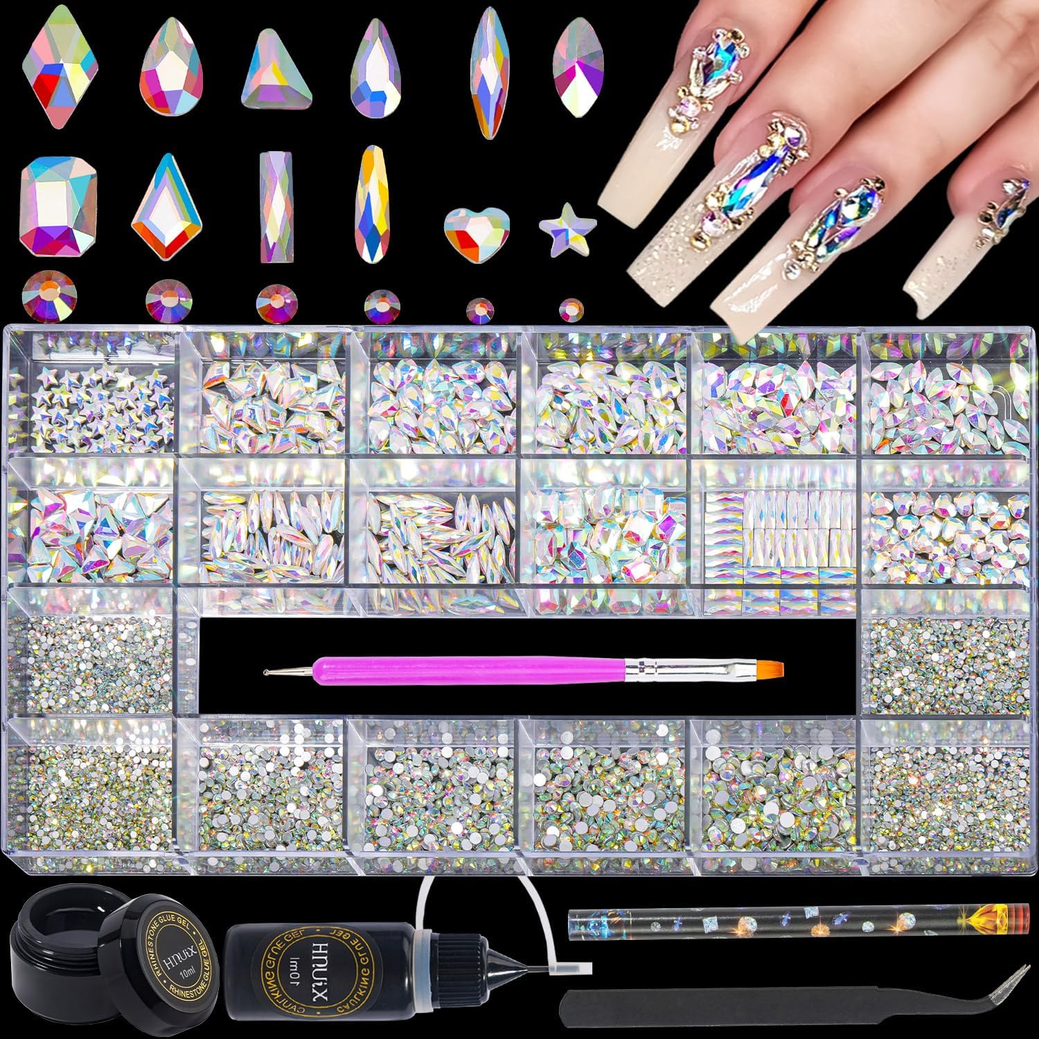Amazon.com: HNUIX Nail Rhinestones Kit 12 Types AB Special-Shaped ...