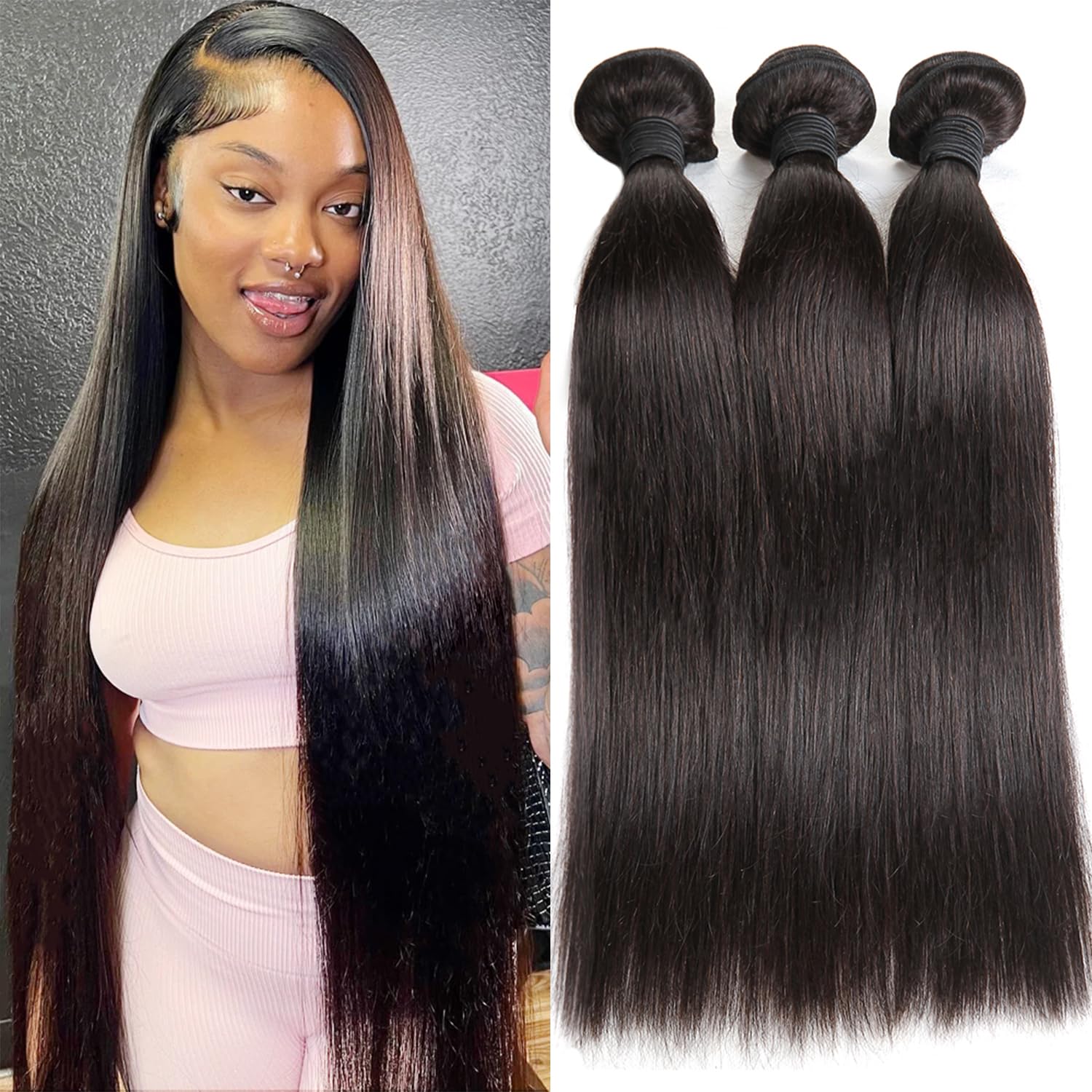 Straight Human Hair Bundles Brazilian Virgin Hair Weave 3 Bundles Silky ...