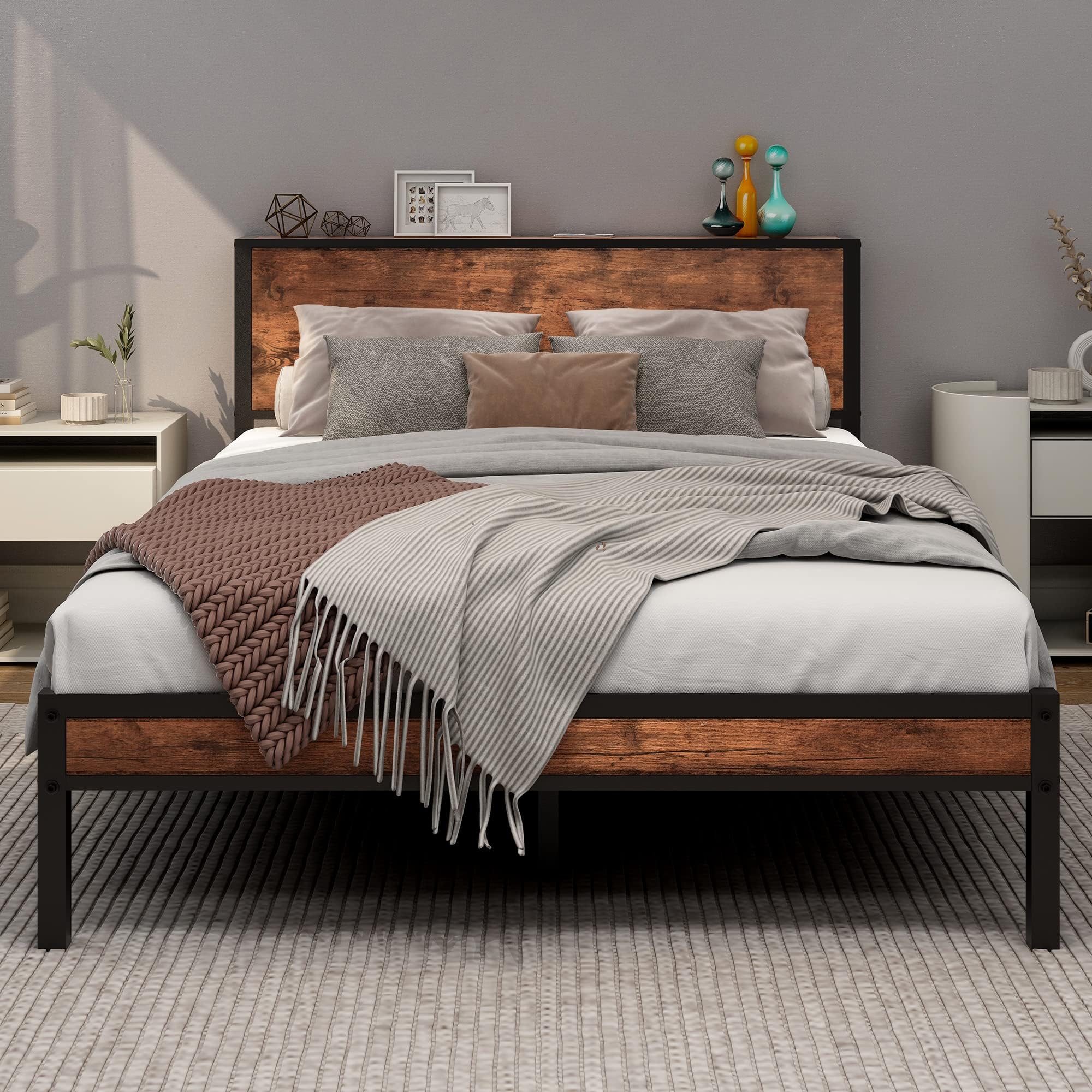 DUMEE King Size Bed Frame with Wooden Headboard Bed Frames King Size ...