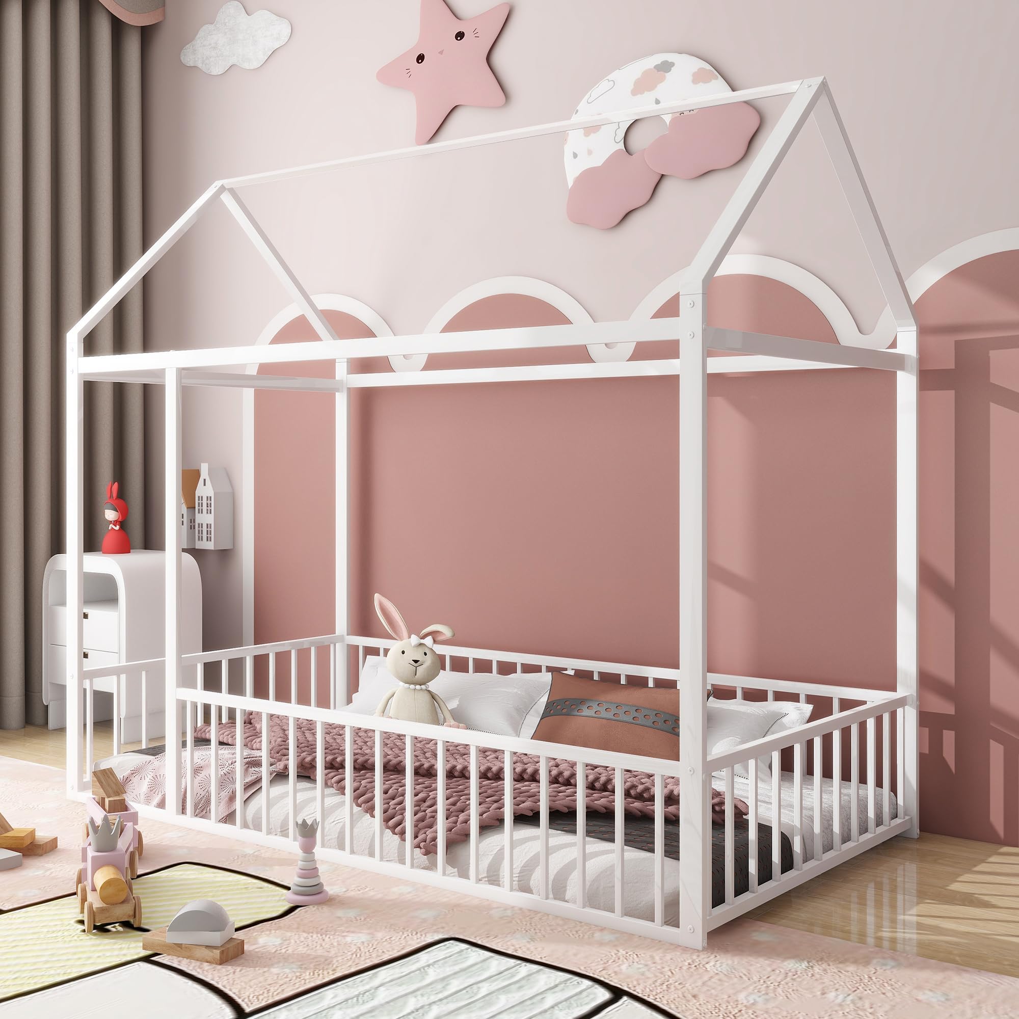 Amazon.com: Miscoos Full Size Wood House Bed Frame with Trundle, Fence ...
