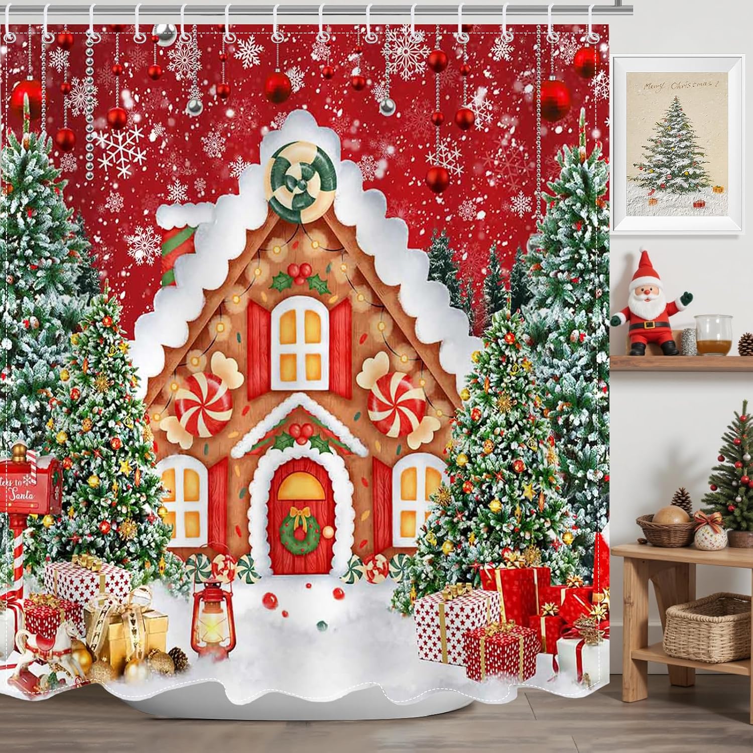 Amazon.com: Mocsicka Red Christmas Candy House Shower Curtain Set for ...