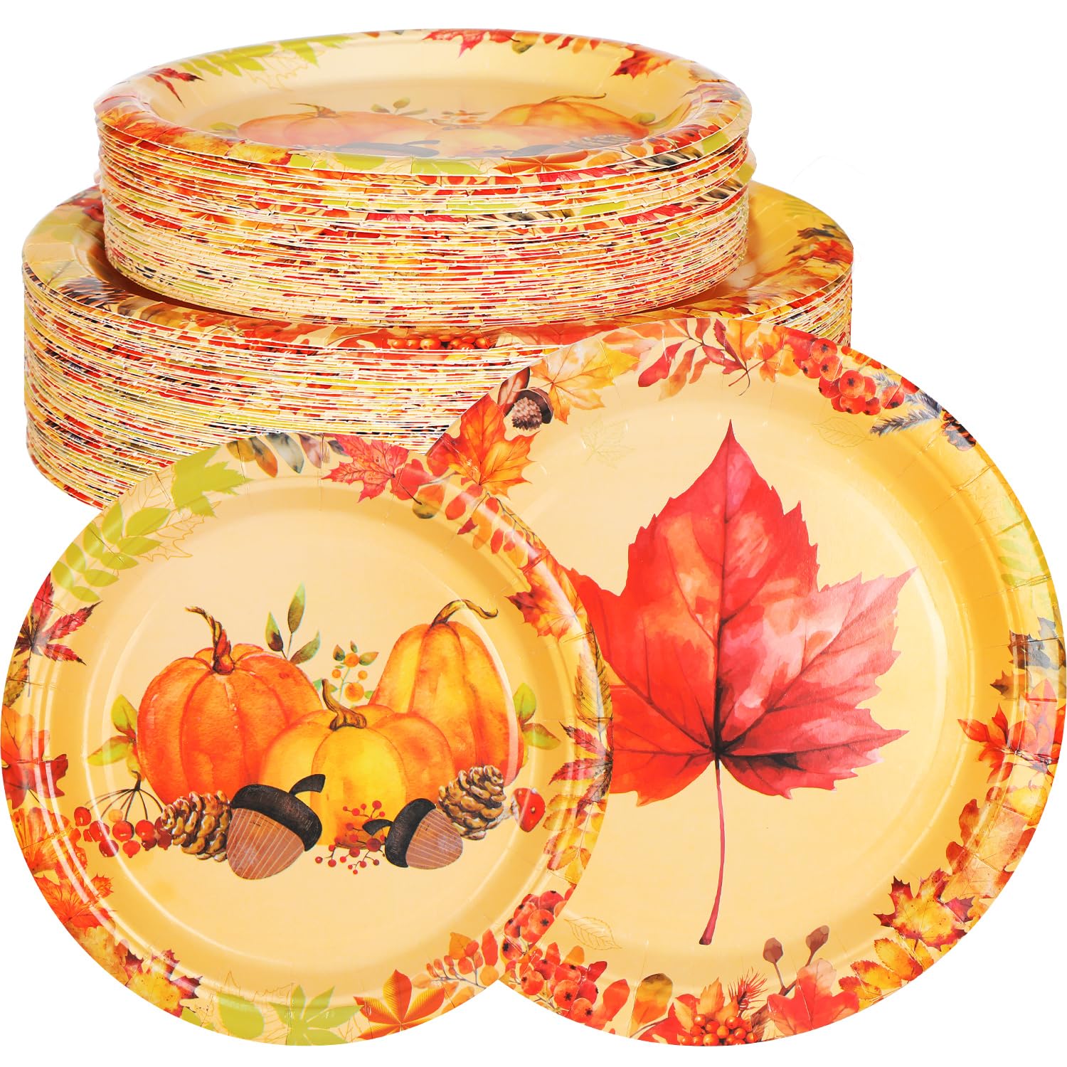 Amazon.com: FULJOOY 100 Pcs Fall Leaves Pumpkin Disposable Round Plates ...