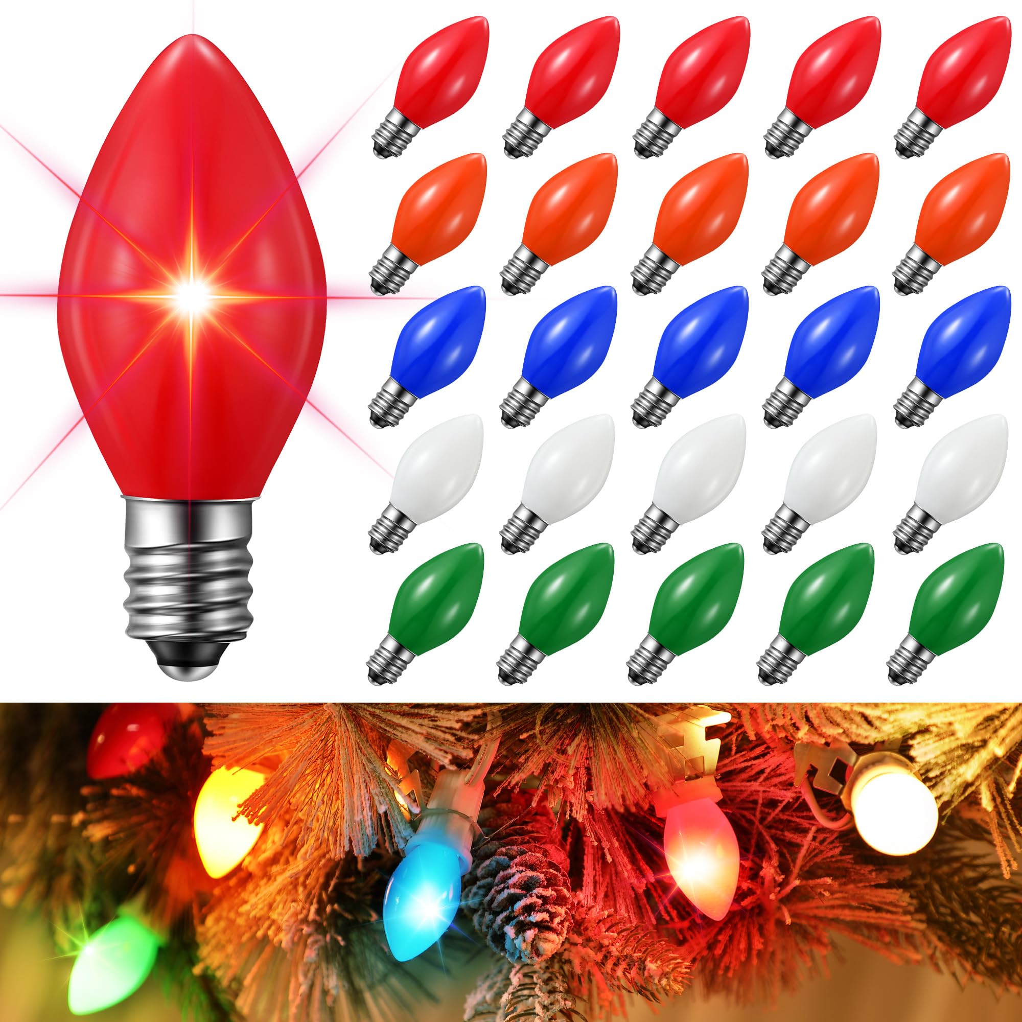 ElectricWise 25 Pack Twinkle Christmas Replacement Bulbs, 7W C7 Random ...