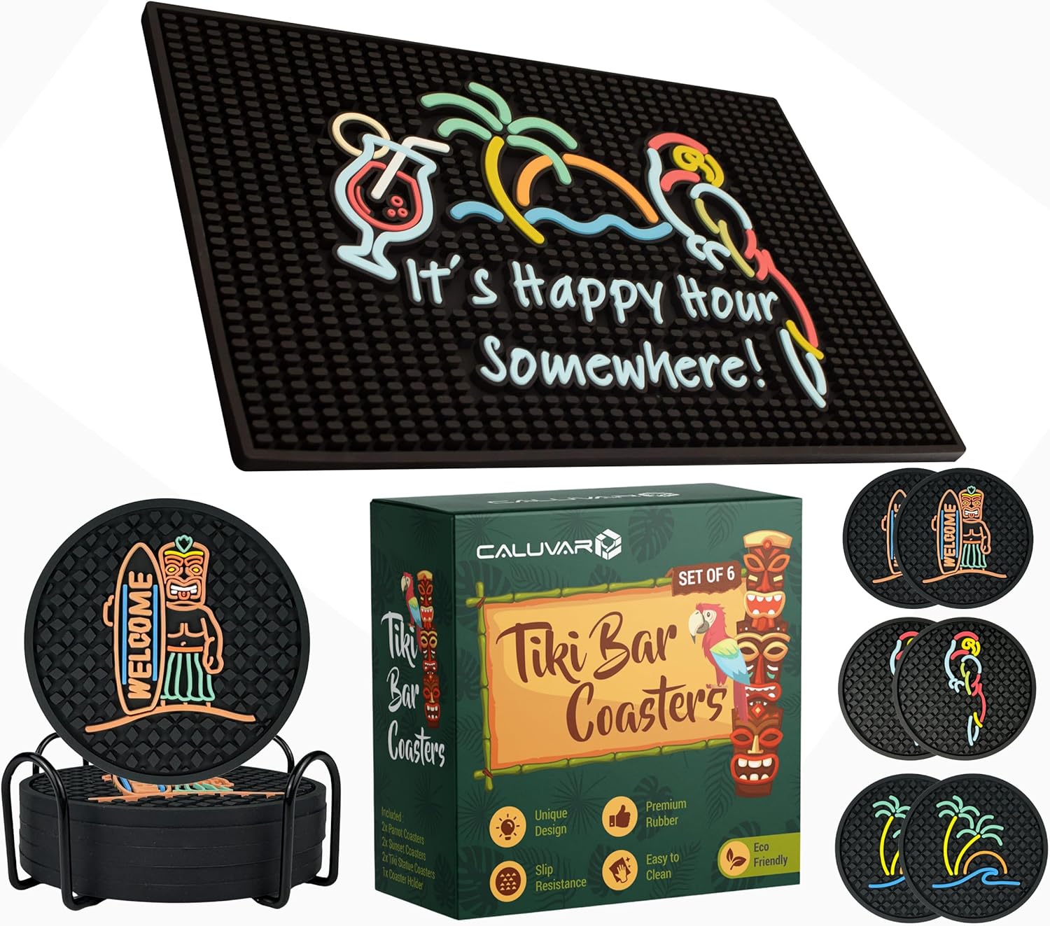 Amazon.com: Tiki Bar Coasters Set of 6 with Holder and It’s Happy Hour ...