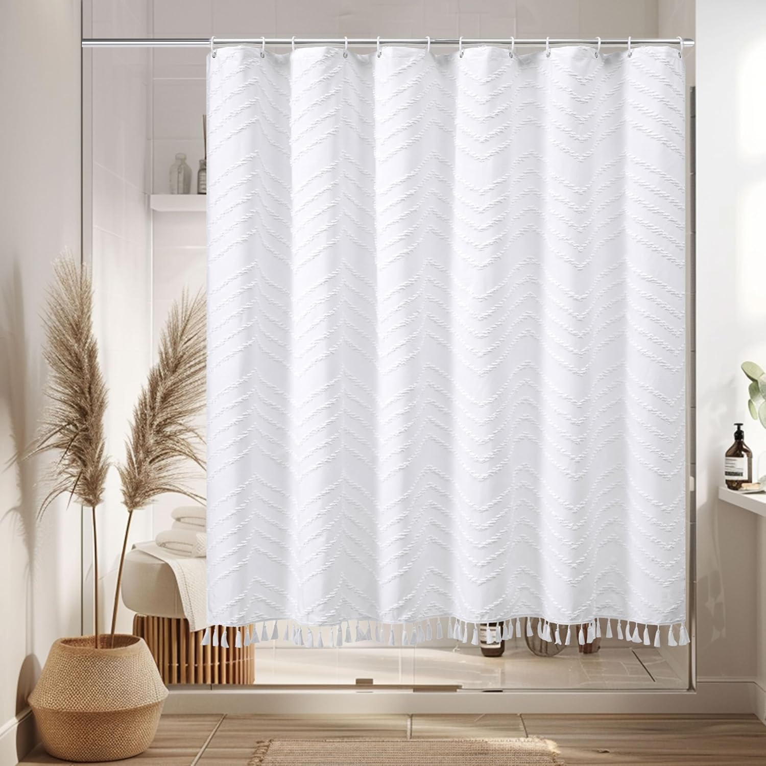 Amazon.com: Boho Shower Curtain White Tassel Woven Fabric Short Shower ...