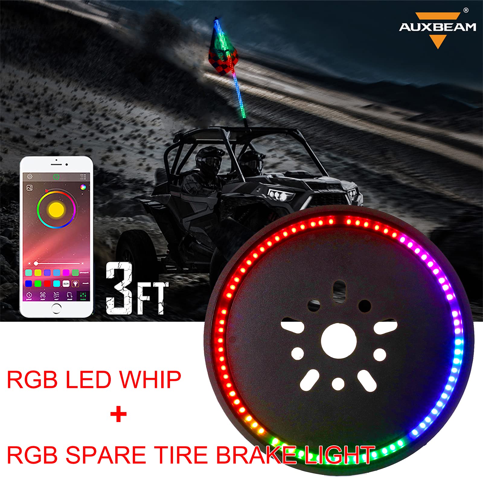 Buy Auxbeam 3ft LED Whip Light Bundle with RGB Spare Tire Brake Light ...