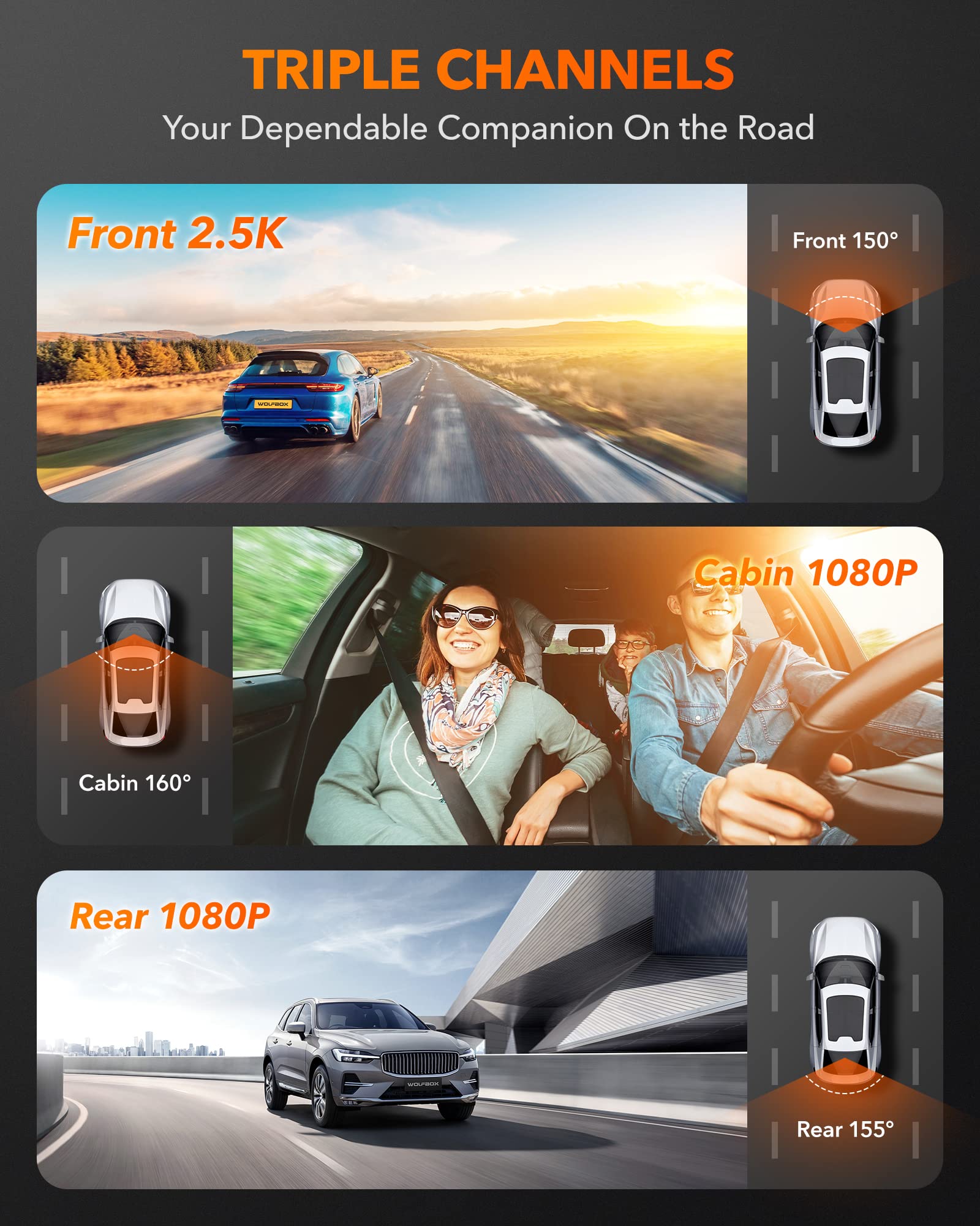 Snapklik.com : WOLFBOX I07 3 Channel Dash Cam Built-in WiFi GPS, 4K ...