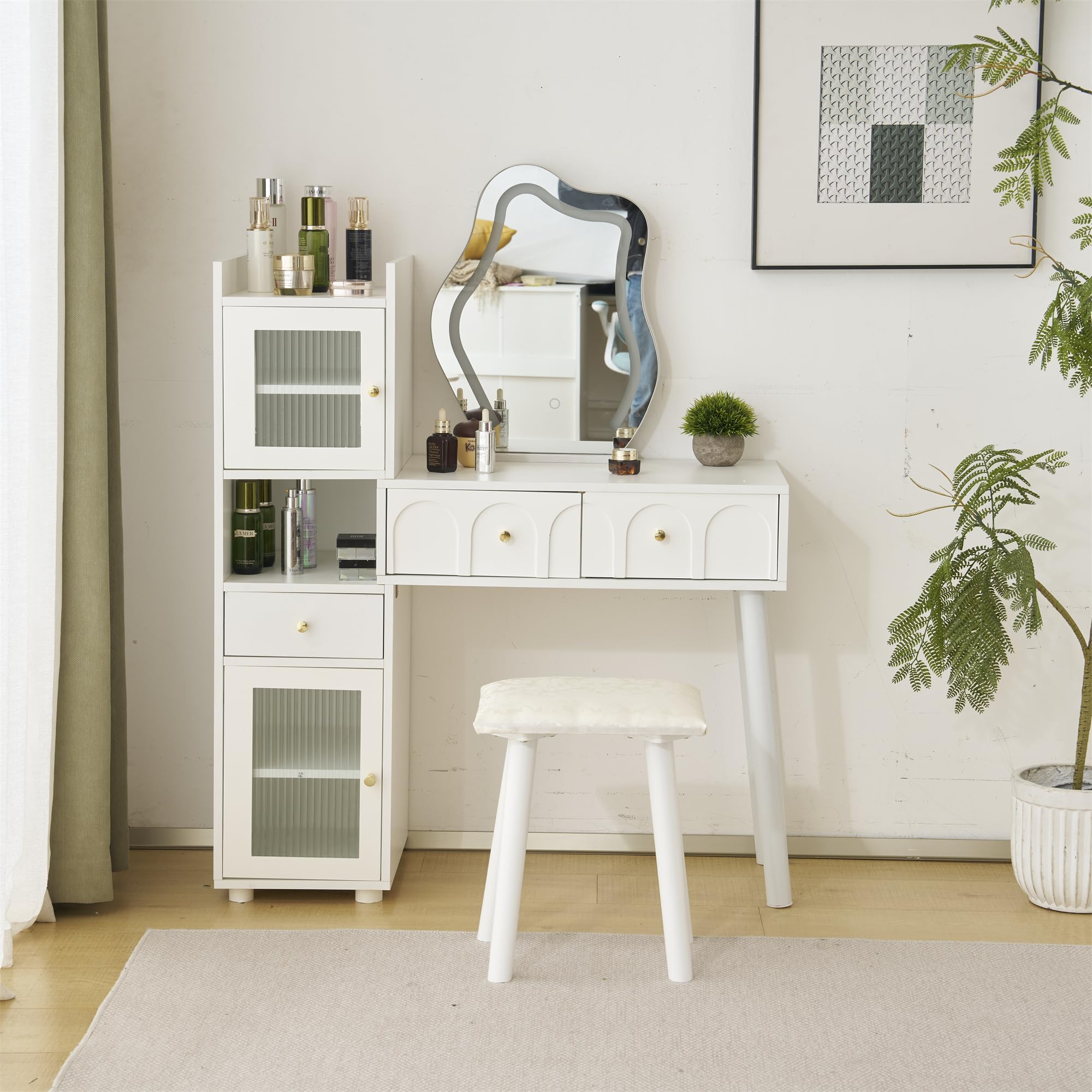 Amazon｜オーエスジェイ(OSJ) ドレッサー 化粧台 メイク台 鏡台 デスク 三色照明モード LEDミラー 高光度 女優 大容量 サイド収納 引き出し付き コンパクト 姫系 可愛い ...