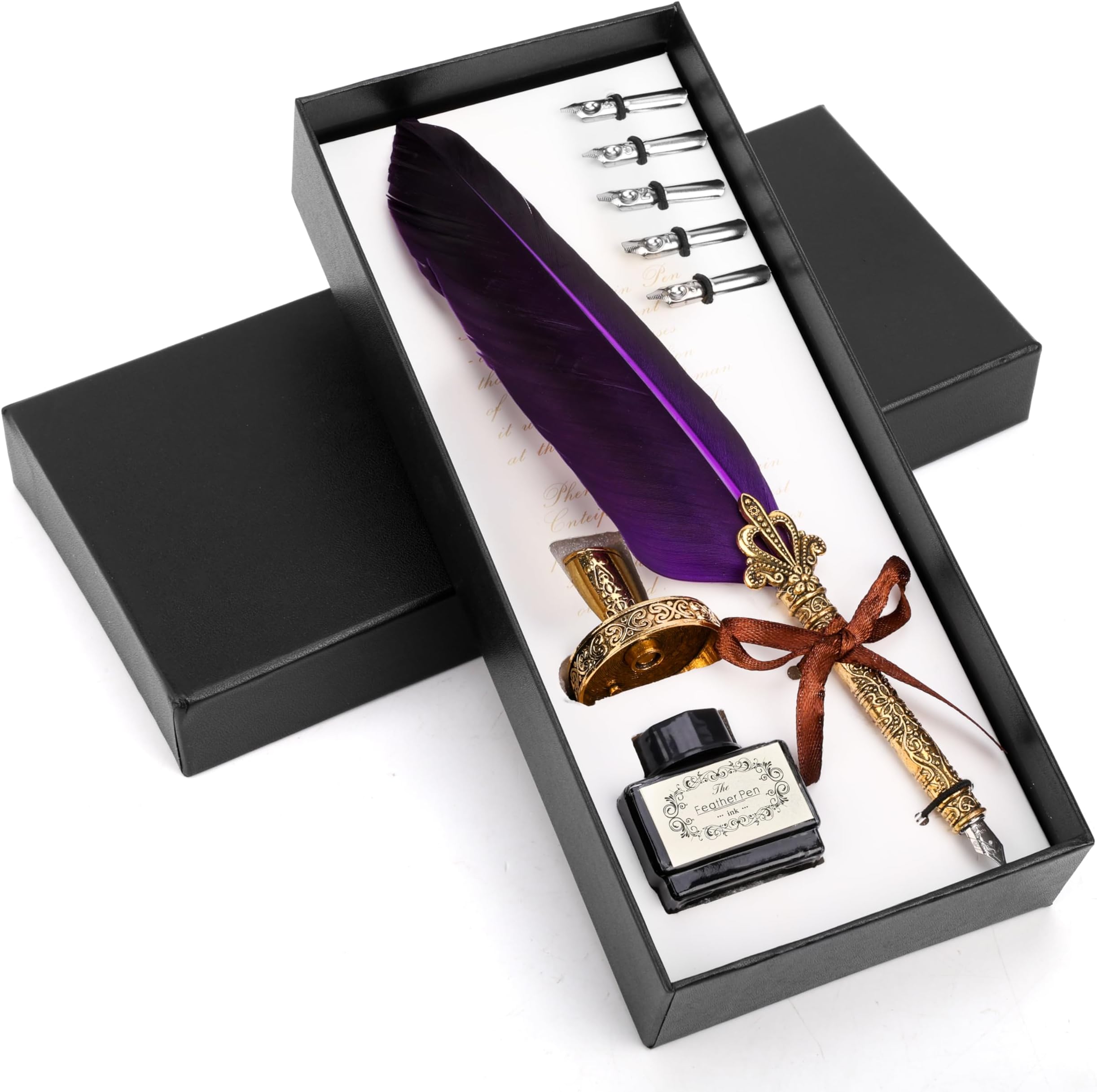 BELLE VOUS 8 Piece Calligraphy Purple Feather Pen Set with Holder, Ink ...