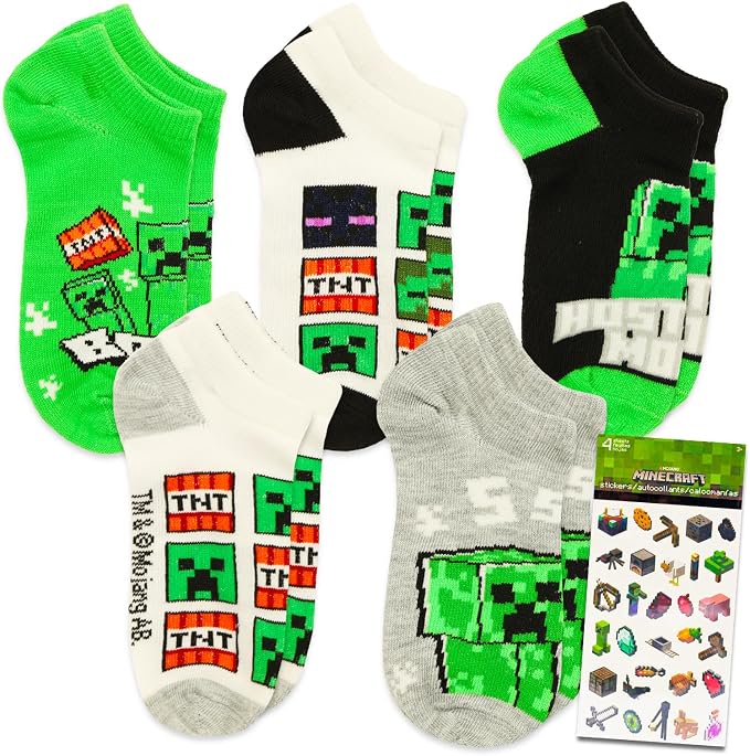 Amazon.com: Minecraft Socks Bundle - 5 Pairs of Kids Size 7-10 Socks ...