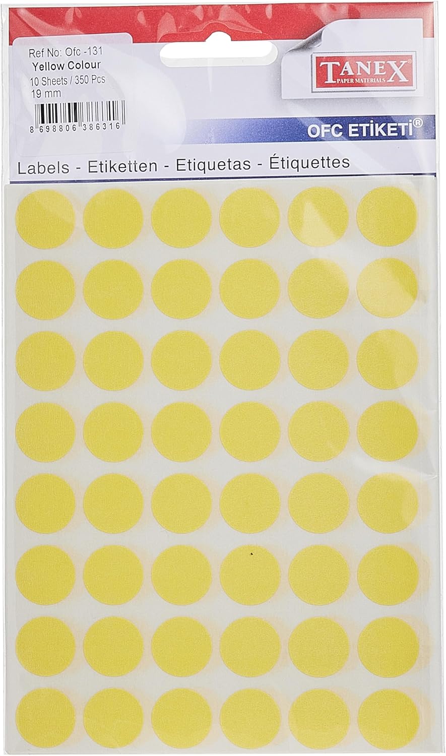 tanex round adhesive labels 19mm 35 labels x5 sheets yellow, TANOFC131Y ...
