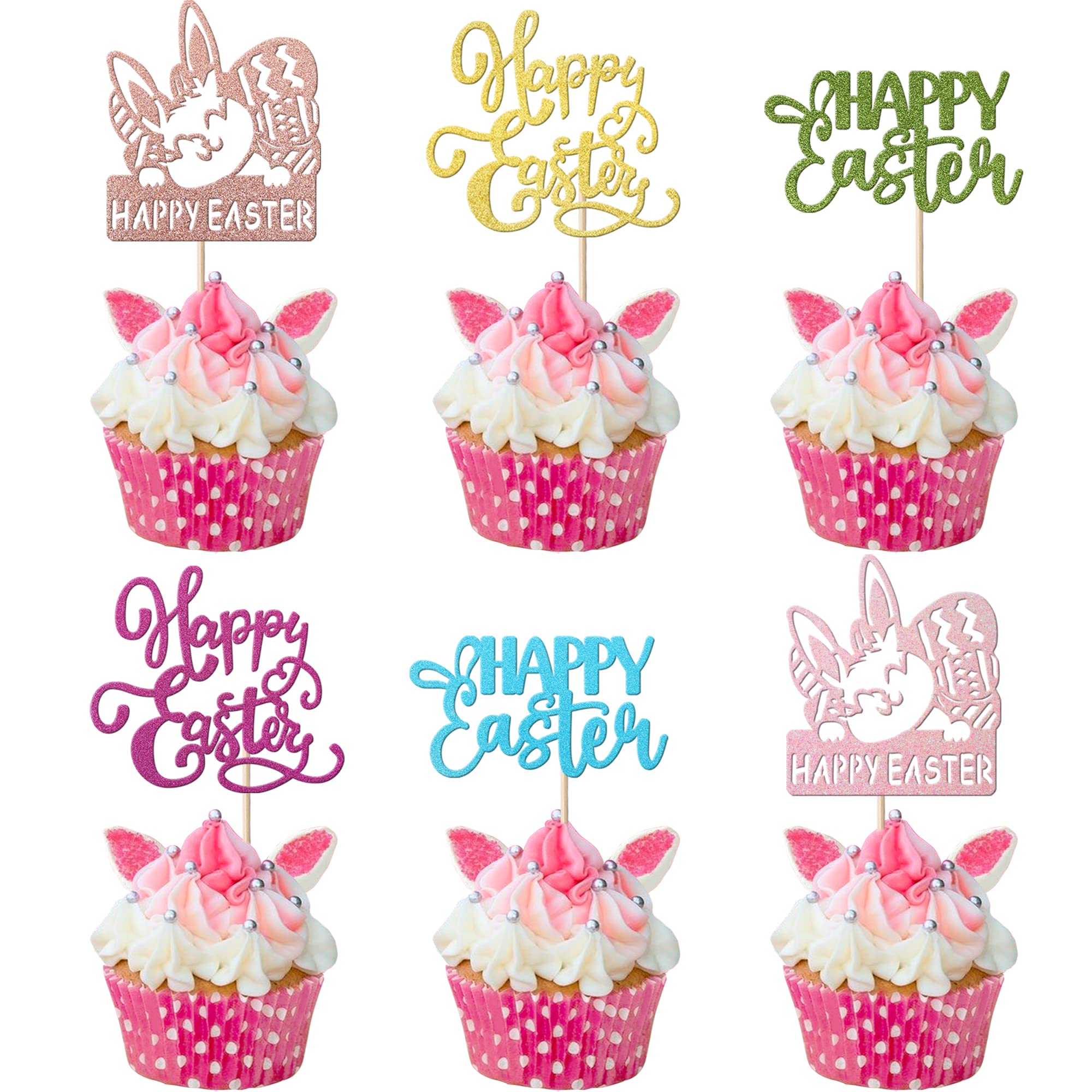 Amazon.com: 24 Pack Happy Easter Cupcake Toppers Glitter Rabbit Bunny ...