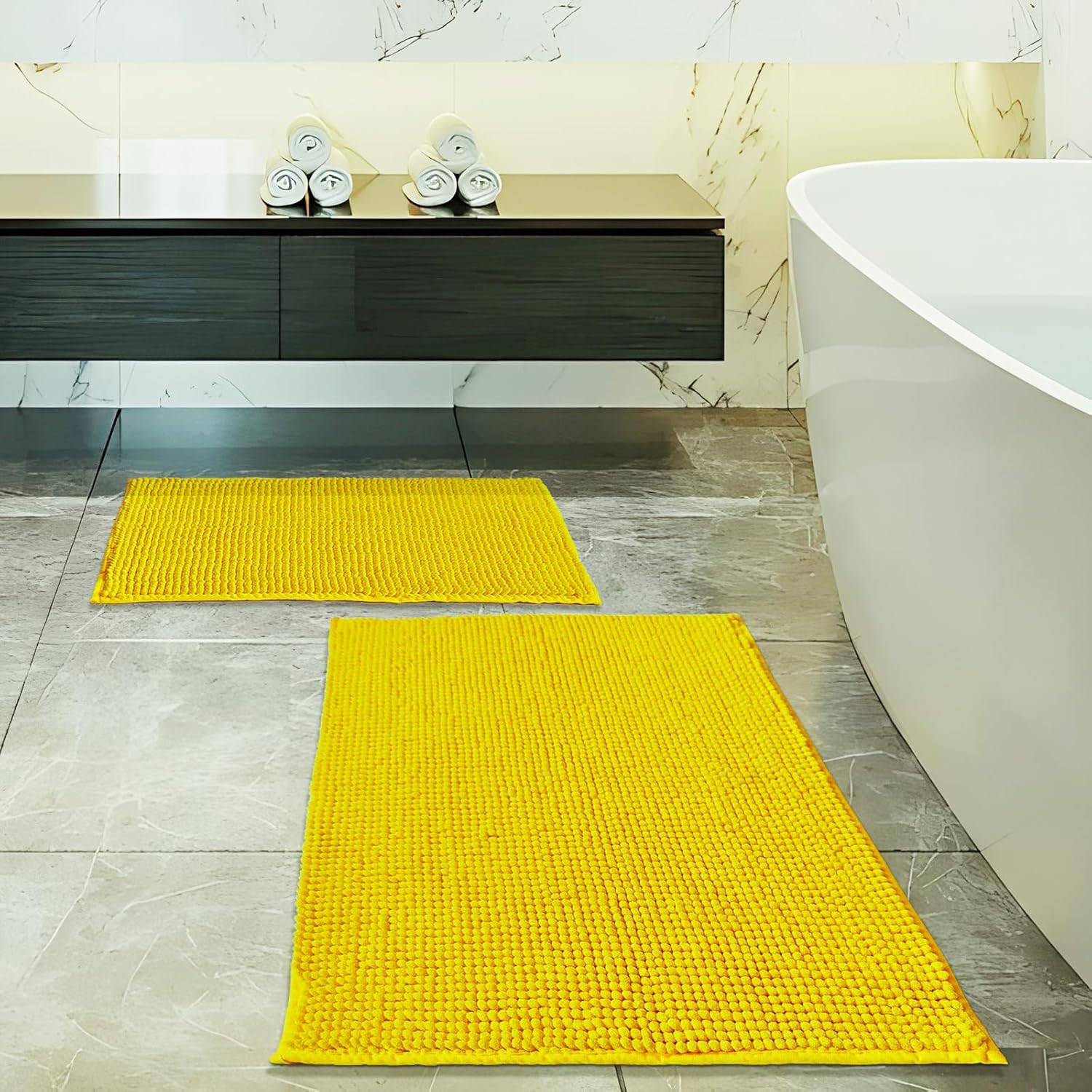 Amazon.com: Bathroom Rugs Set 2 Piece Yellow, Chenille Non Slip Super ...