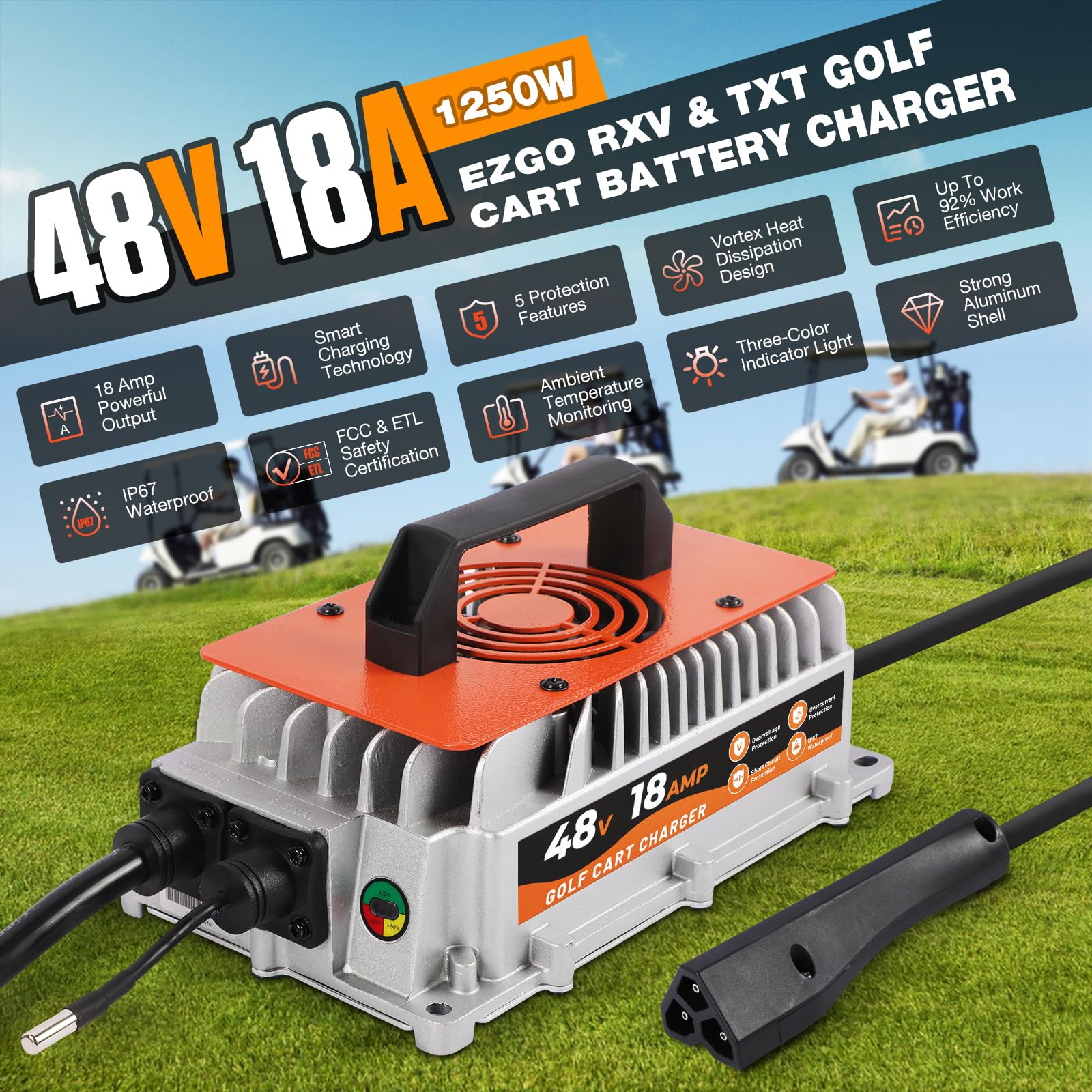 Snapklik.com : EZGO 48V Golf Cart Charger, 18 AMP, IP67 Waterproof ...