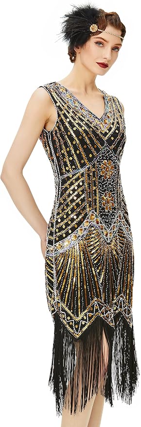 Babeyond Gatsby 1920 Robe Flapper à Franges et col en V, pour Femme ...