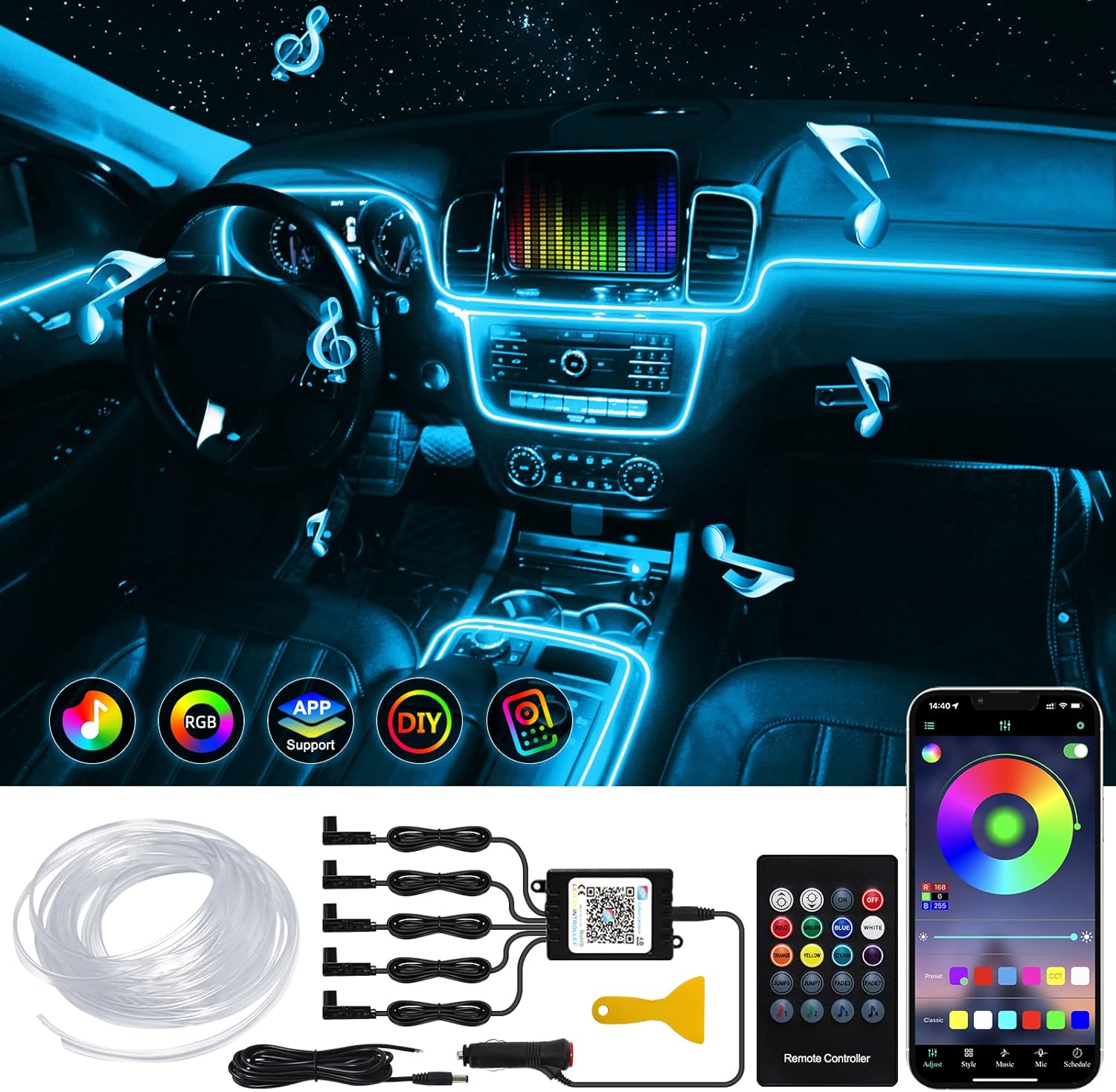 Amazon.com: Car LED Interior Strip Light, 16 Million Colors 5 in 1 Car ...