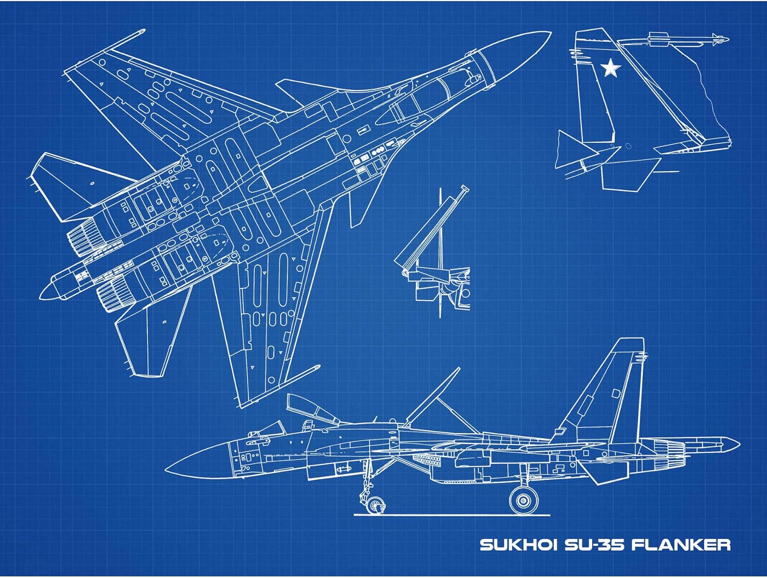 Sukhoi Su-35 Flanker-E Air Defence Fighter Blueprint Large Wall Art ...