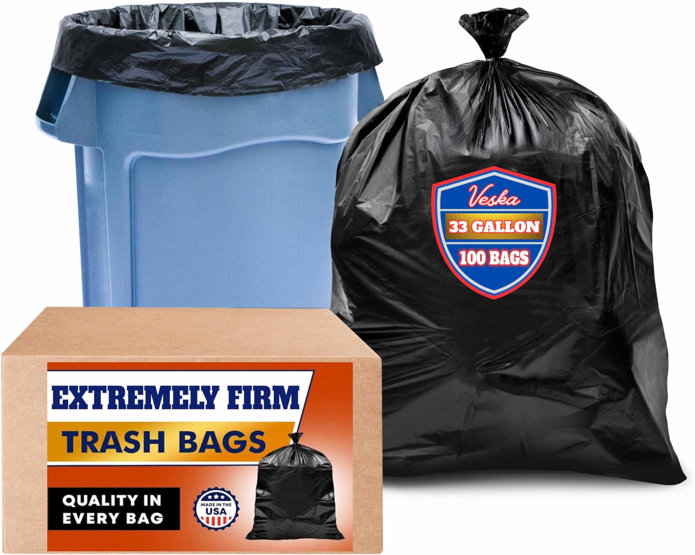 Amazon.com: Veska 33 Gallon Trash Bags, (Huge 100 Bags w/Ties) Large ...