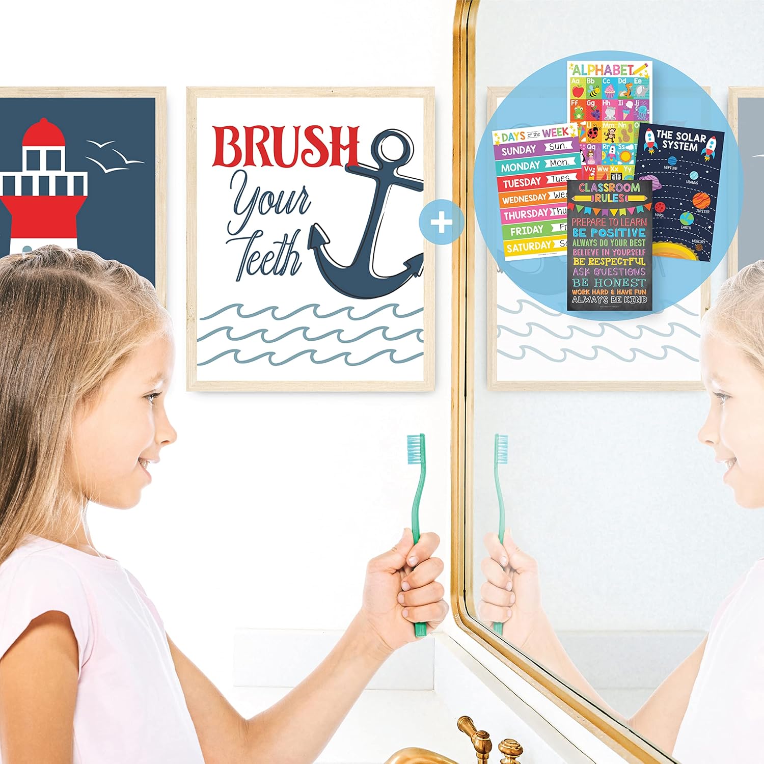 Amazon.com: 6 Nautical Reversible Bathroom Decor Wall Art, 16 ...