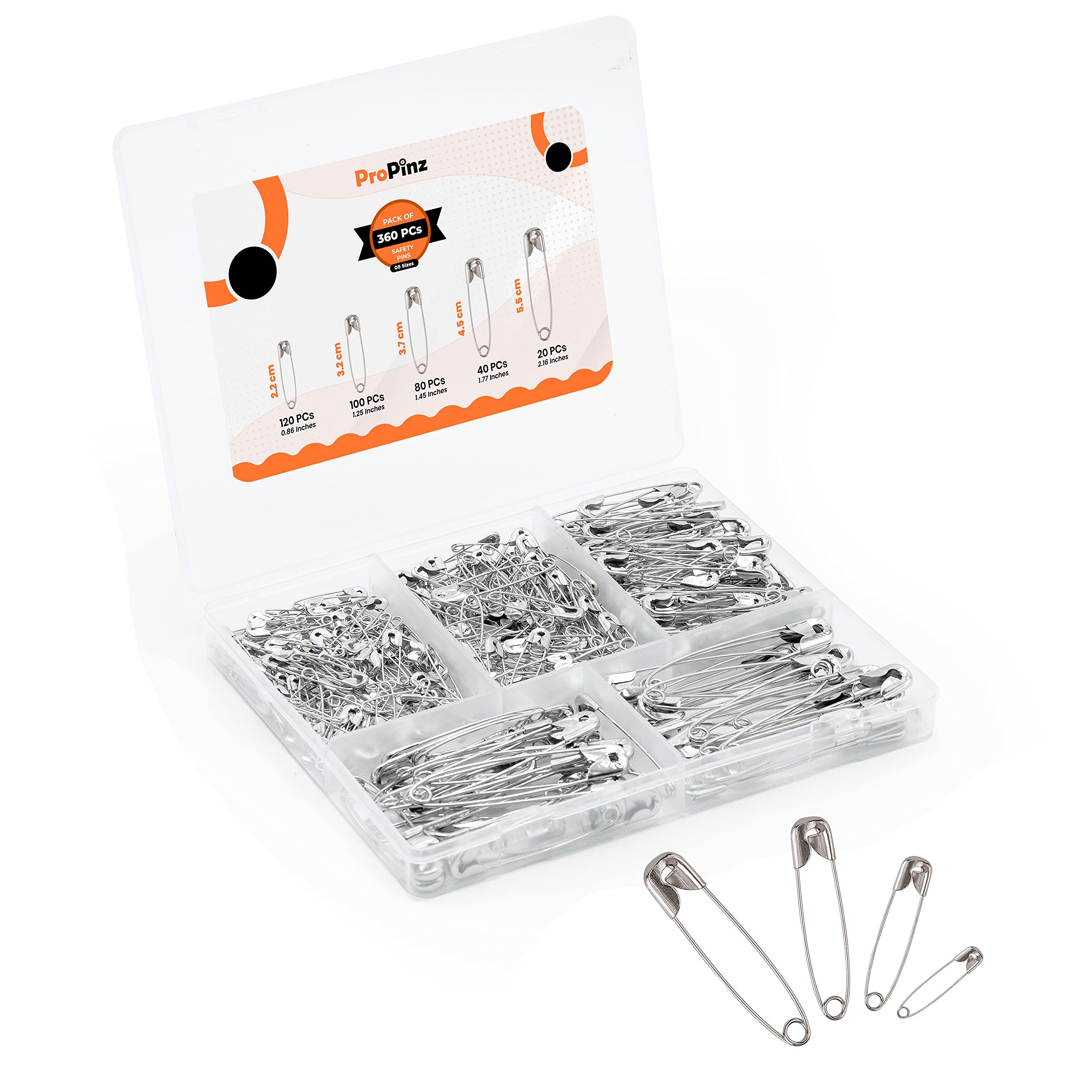 360Pcs Safety Pins Assorted 5-Sizes - Strong Nickel Plated Steel, Rust ...