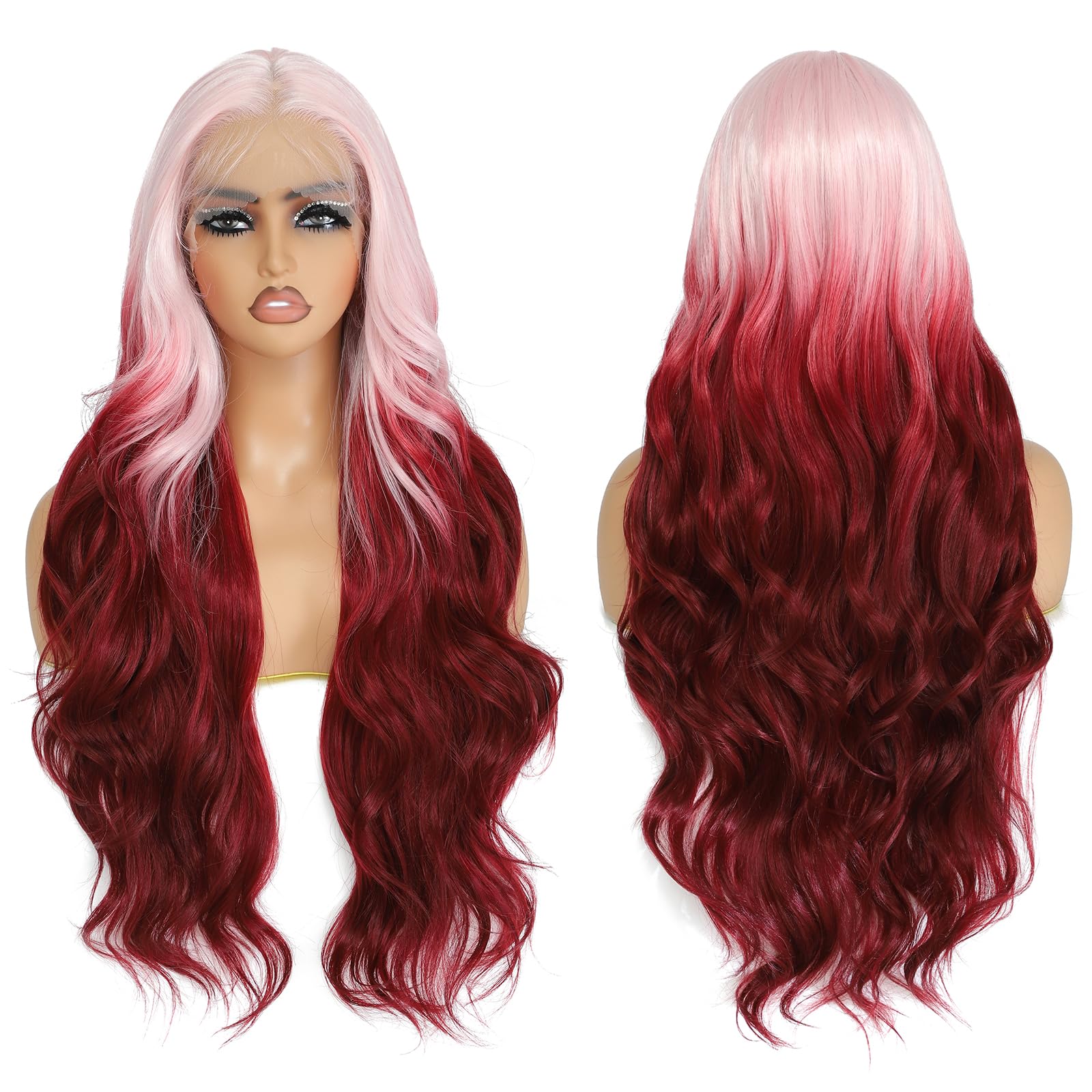 X-Tress 28" Lace Front Wig for Women Pink to Red Color Wig Synthetic ...
