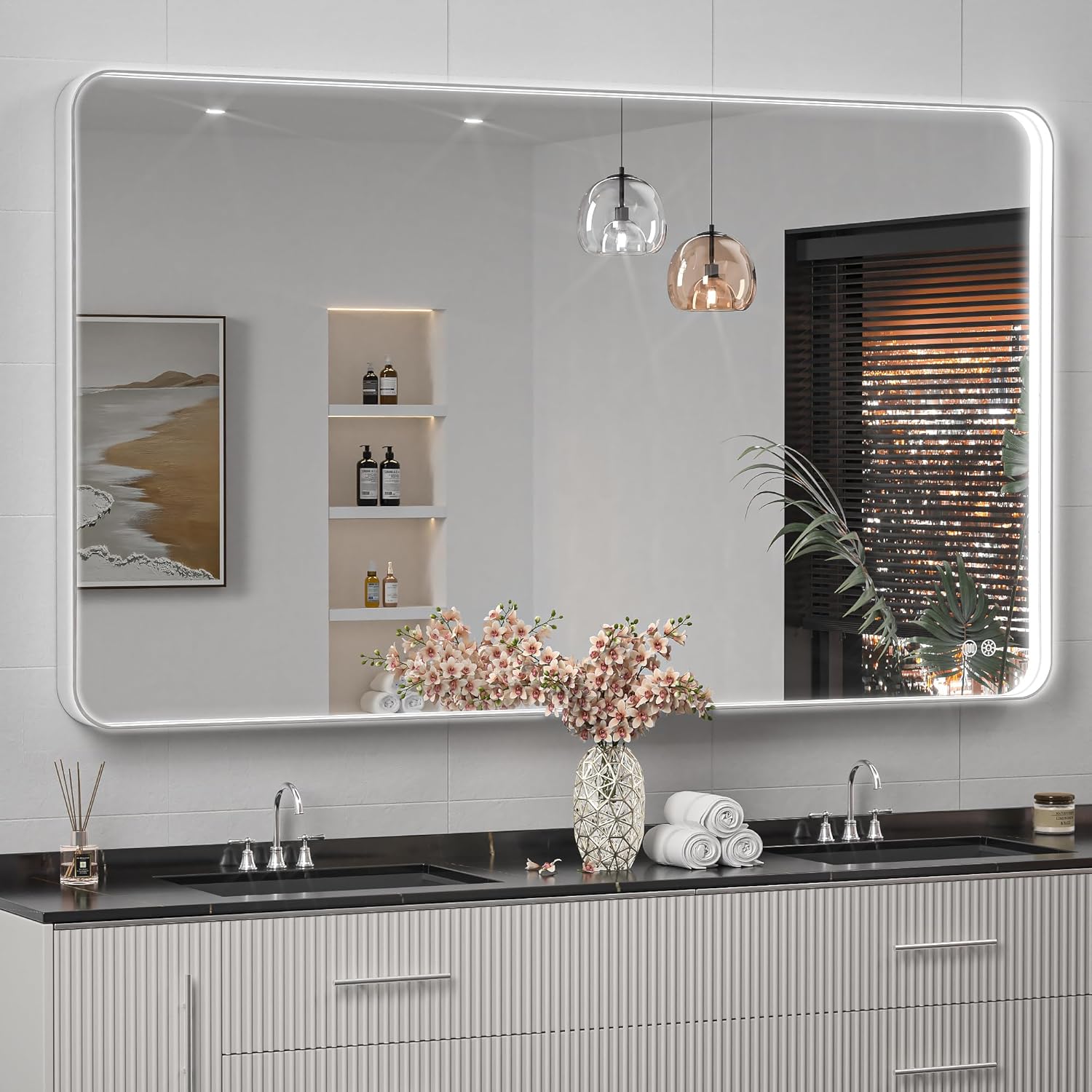 Amazon.com: Vosuja 55" x 36" LED Bathroom Mirror with Lights, Rounded Rectangle Silver Frame ...