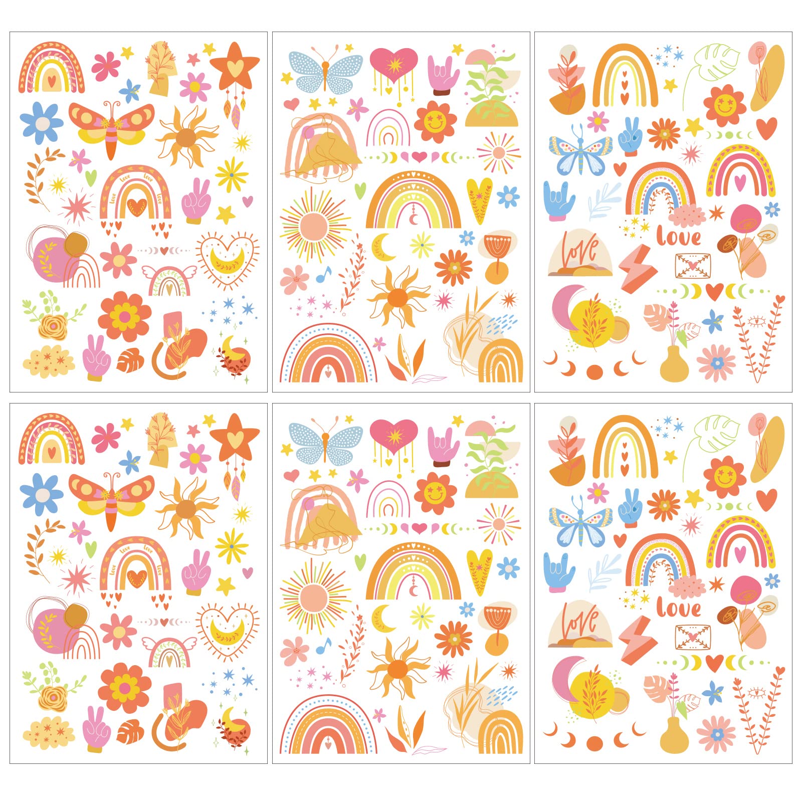 6 Sheets Boho Kids Temporary Tattoo Stickers, Cute Flower Rainbow ...