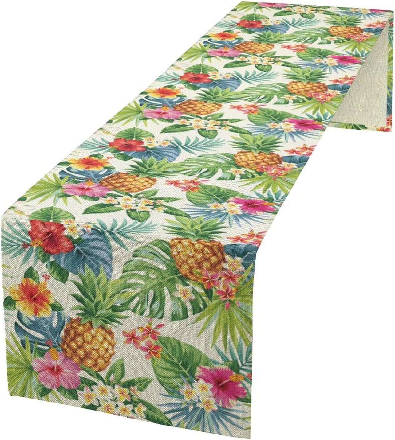 Amazon.com: Tropical Table Runner Summer Pineapple Fabric Green Plant ...