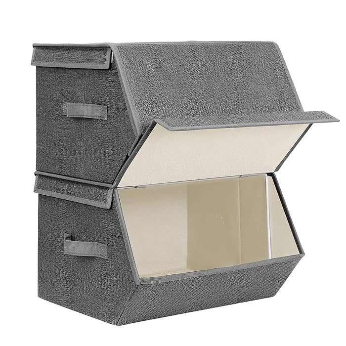 Buy SONGMICS Set of 2 Storage Boxes with Lid, Stackable Folding Fabric ...