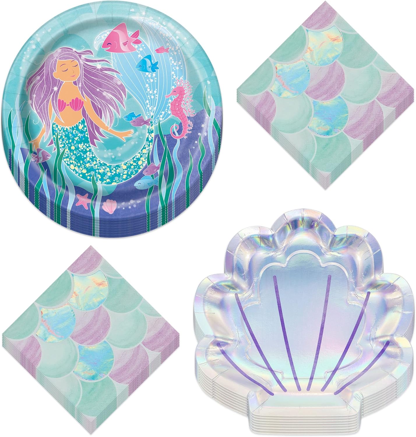 Amazon.com: Mermaid Party Iridescent Paper Dinner Plates Variety and ...