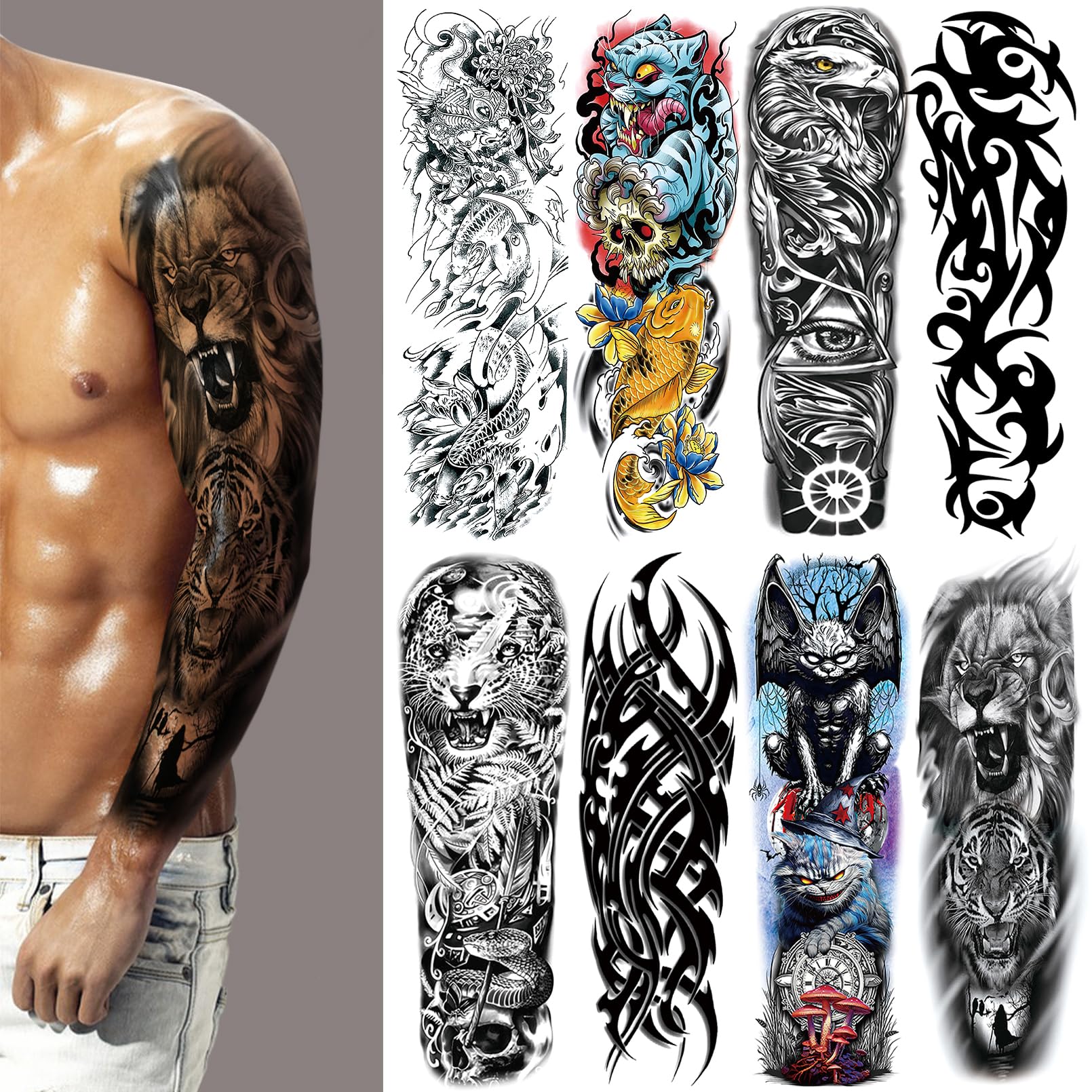 Amazon.com : Halloween Full Arm Temporary Tattoo for Men, 8 Sheets ...