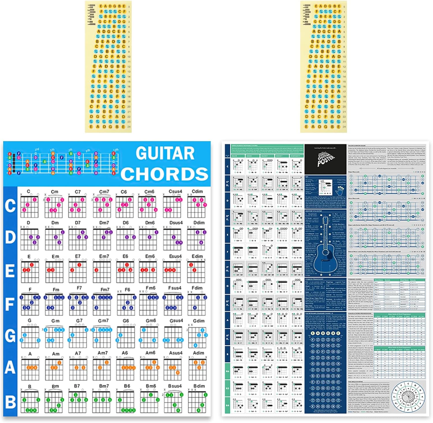 Amazon.com - 2 Pcs Guitar Chord Chart Poster and 2 Pcs Guitar Fretboard ...