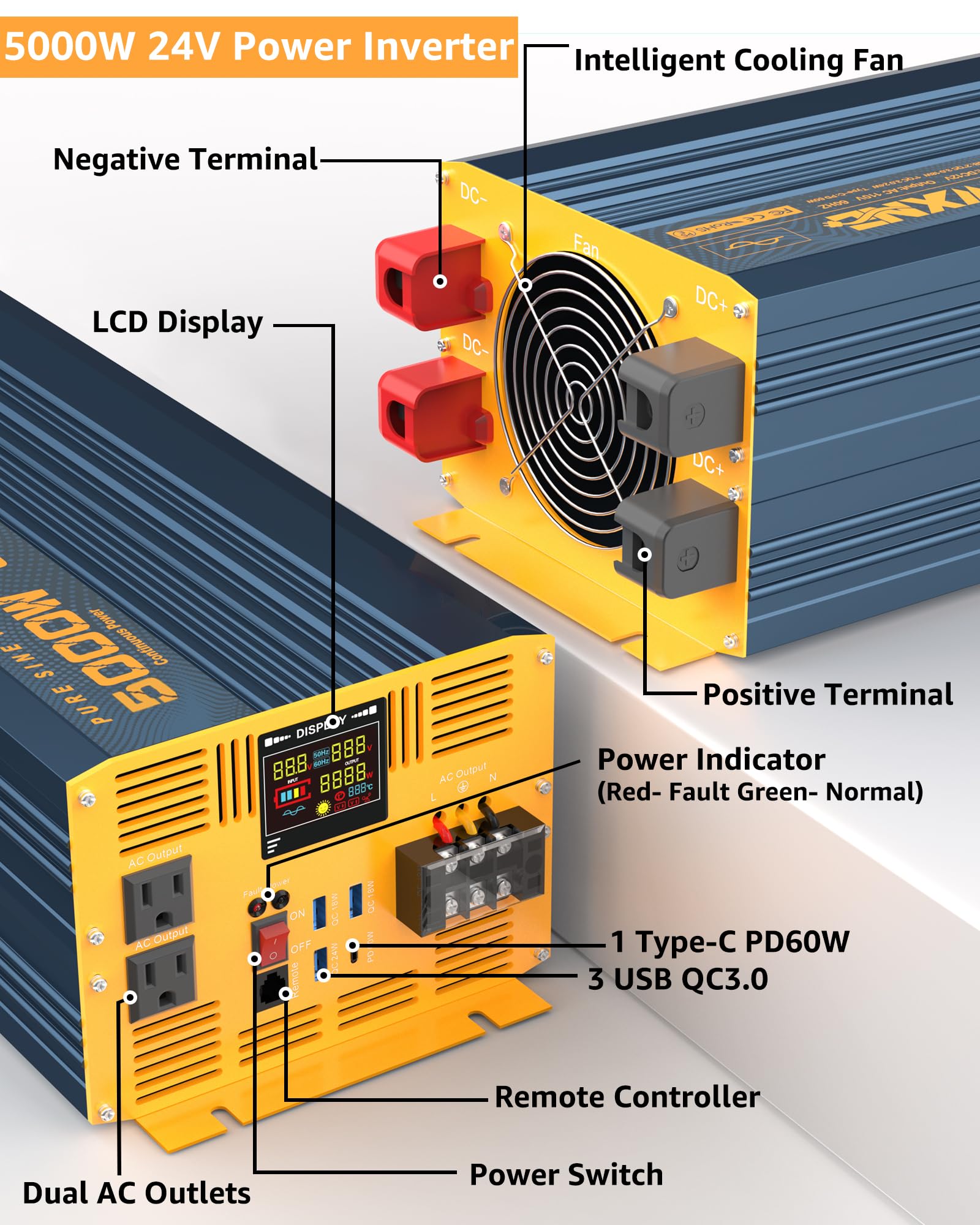 5000 Watt Power Inverter Pure Sine Wave 24V DC to 110V 120V 10000W Peak ...