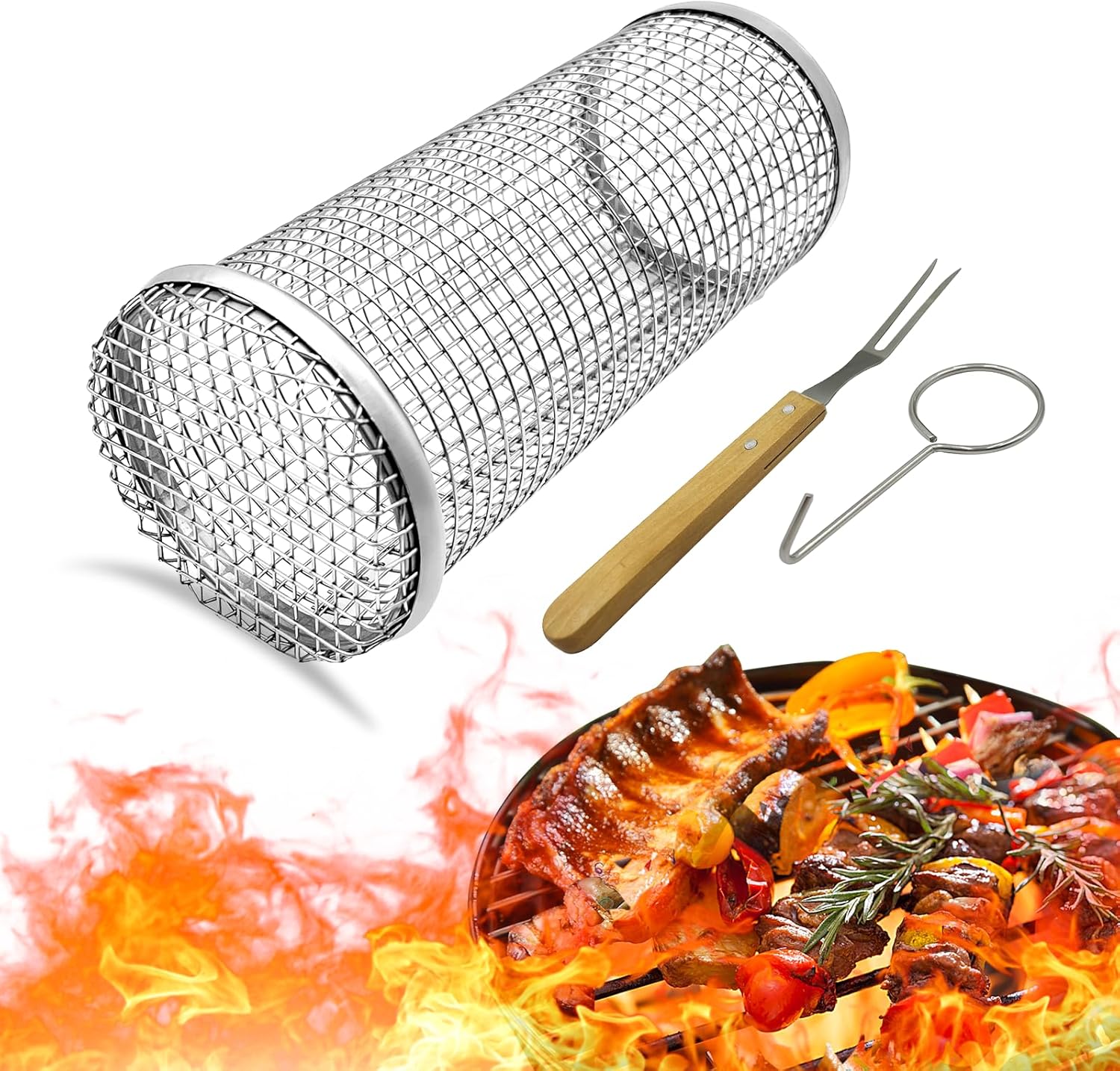Amazon.com : Lzpoe Rolling Grill Basket, BBQ Grill Basket, Stainless ...