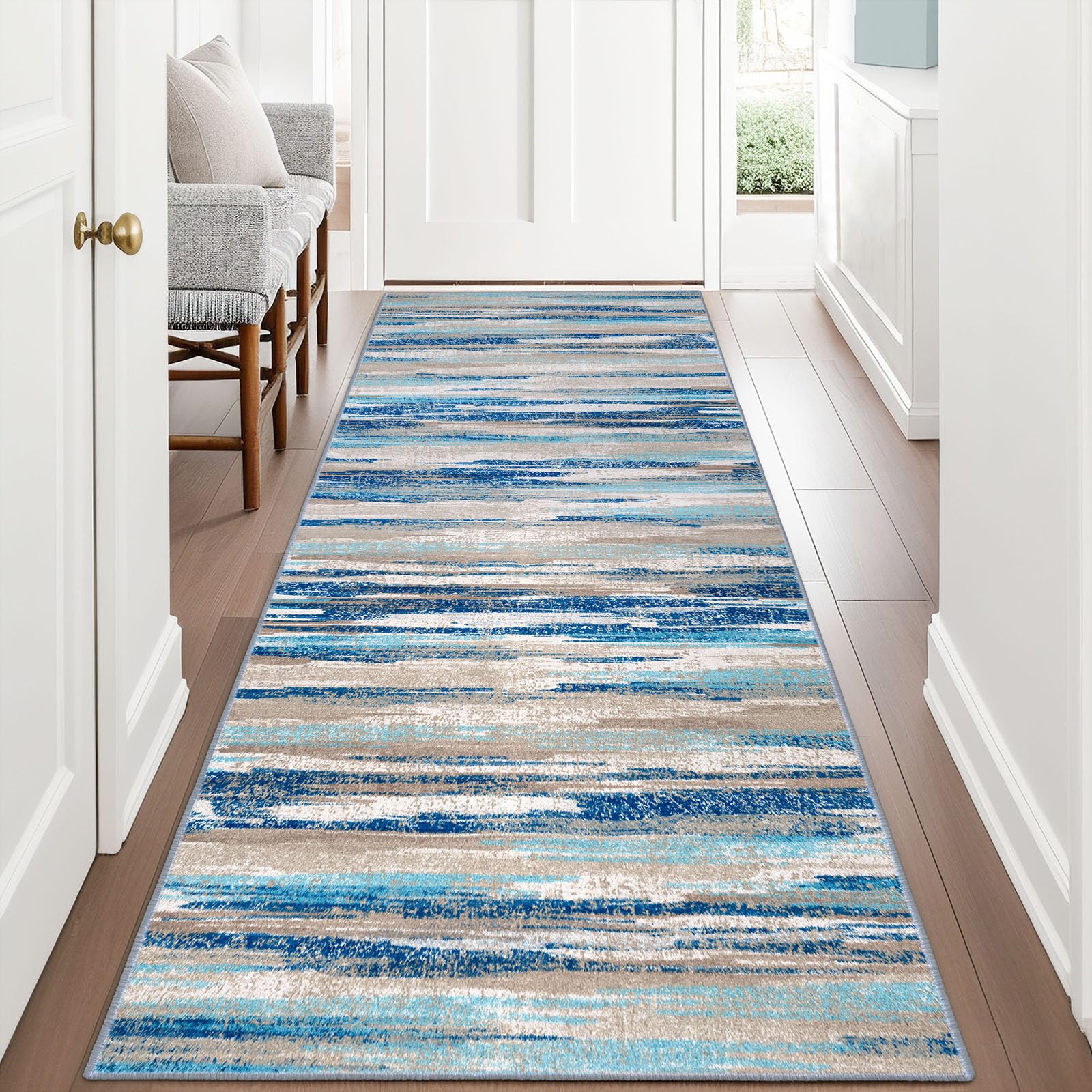 Amazon.com: Lansny Modern Abstract Runner Rug 3x8, Blue Washable ...