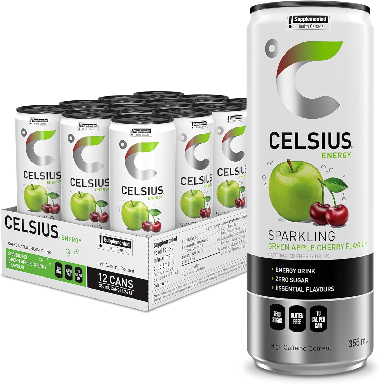 CELSIUS Sparkling Green Apple Cherry, Zero Sugar Energy Drink, 355ml ...
