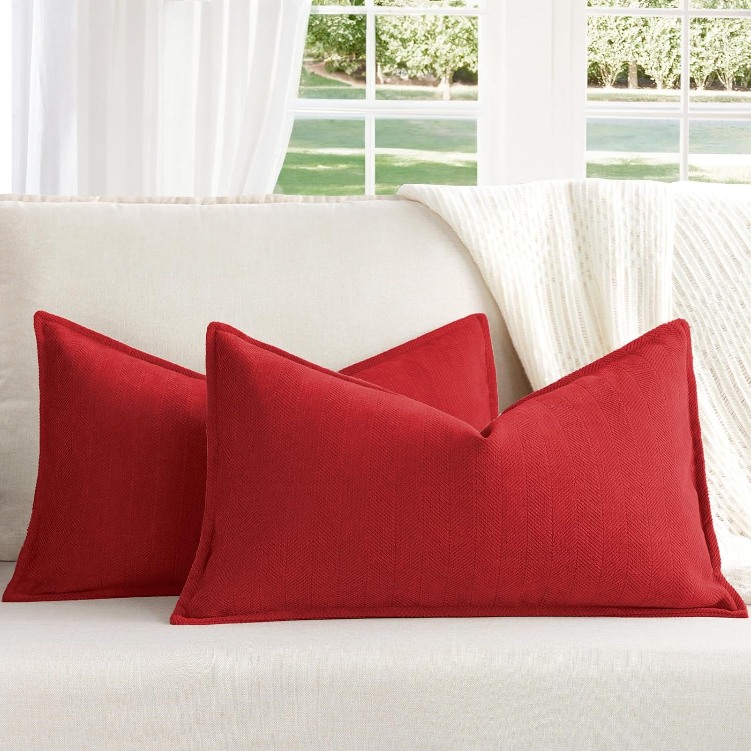 ZWJD - Juego de 2 fundas de almohada rojas de 12 x 20 pulgadas, fundas de cojín de chenilla, con ...