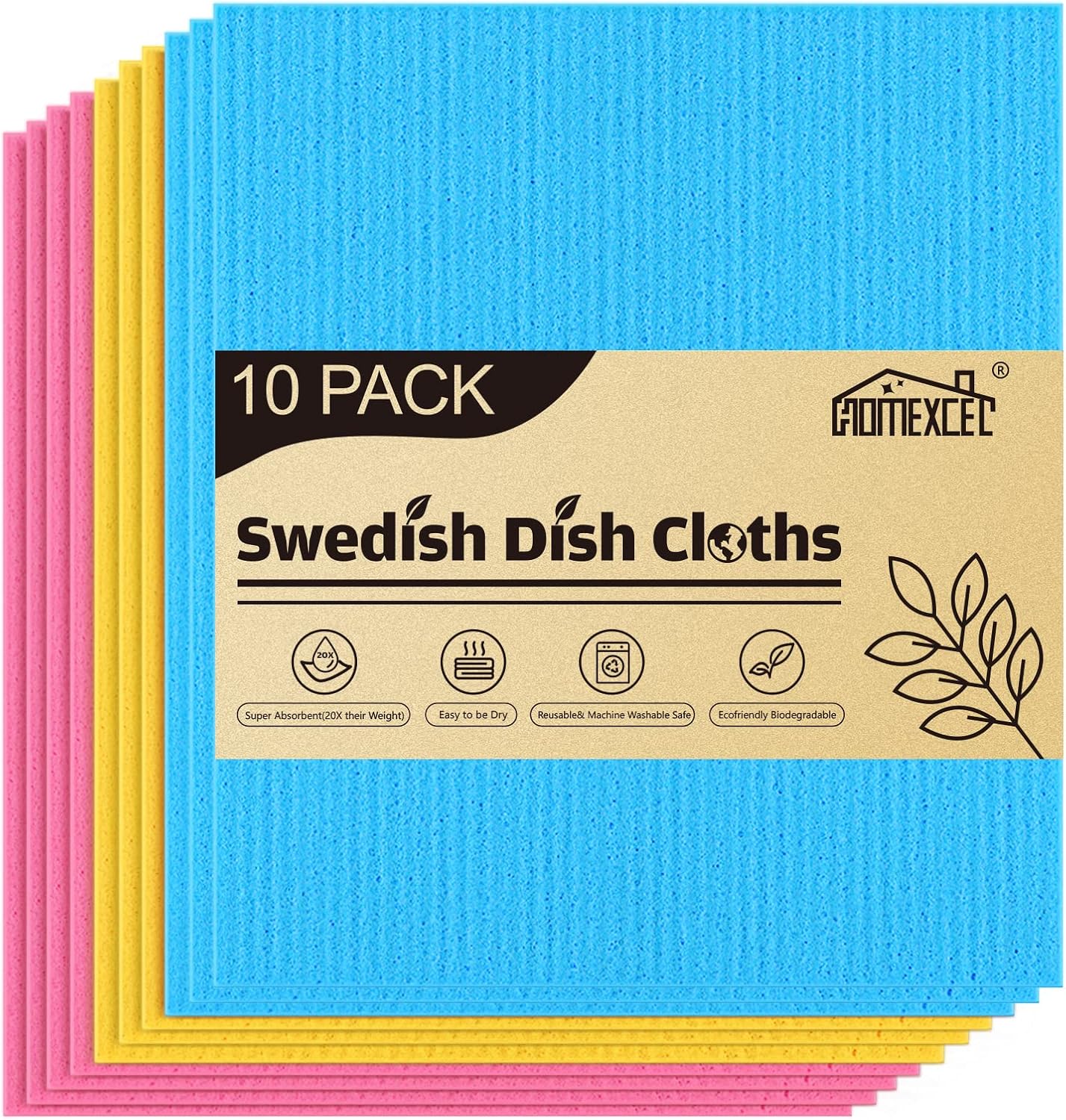 HOMEXCEL 10 Pack Swedish Dish Clothes, Reusable Sponge Cloth, for ...