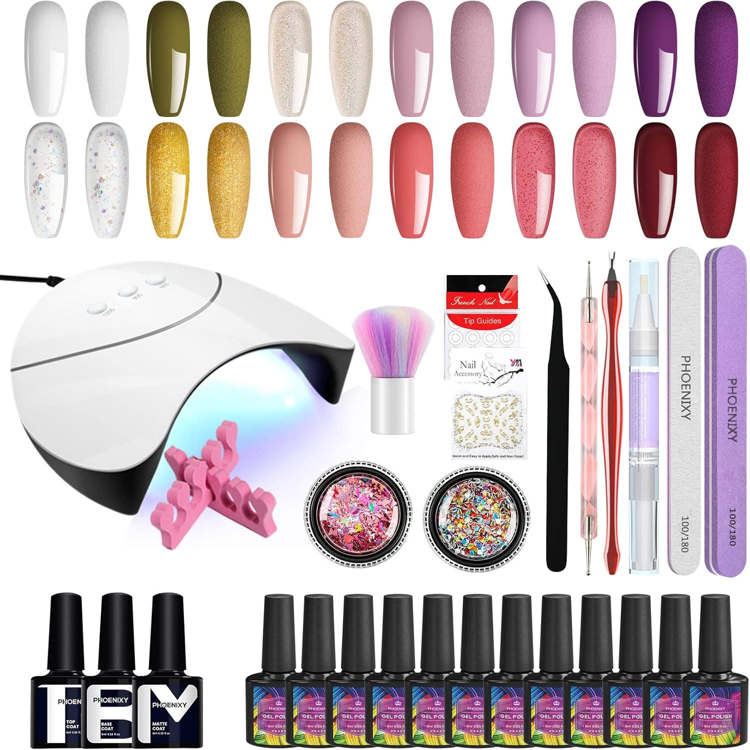 Gel Nail Polish Kit with 36W UV LED Nail Lamp, Phoenixy 12 Colours Gel ...