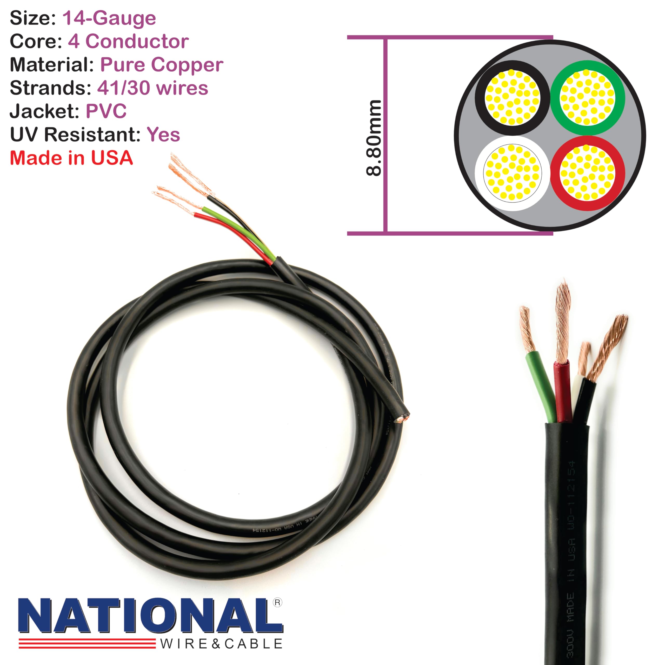 Snapklik.com : NATIONAL Wire & Cable 14 AWG 4-Conductor Premium Copper ...