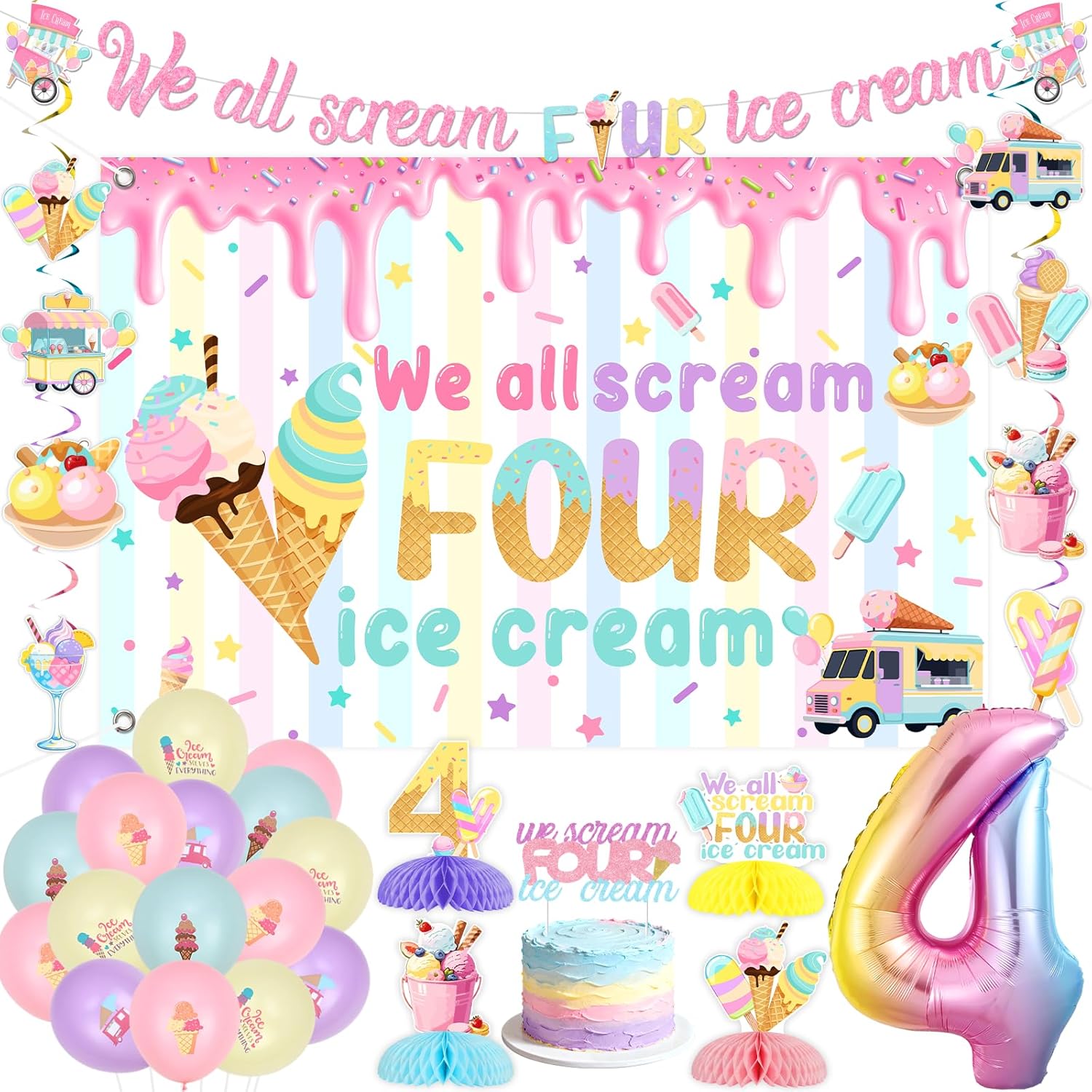 Amazon.com: Jollyboom We All Scream Four Ice Cream Party Decor, Ice ...