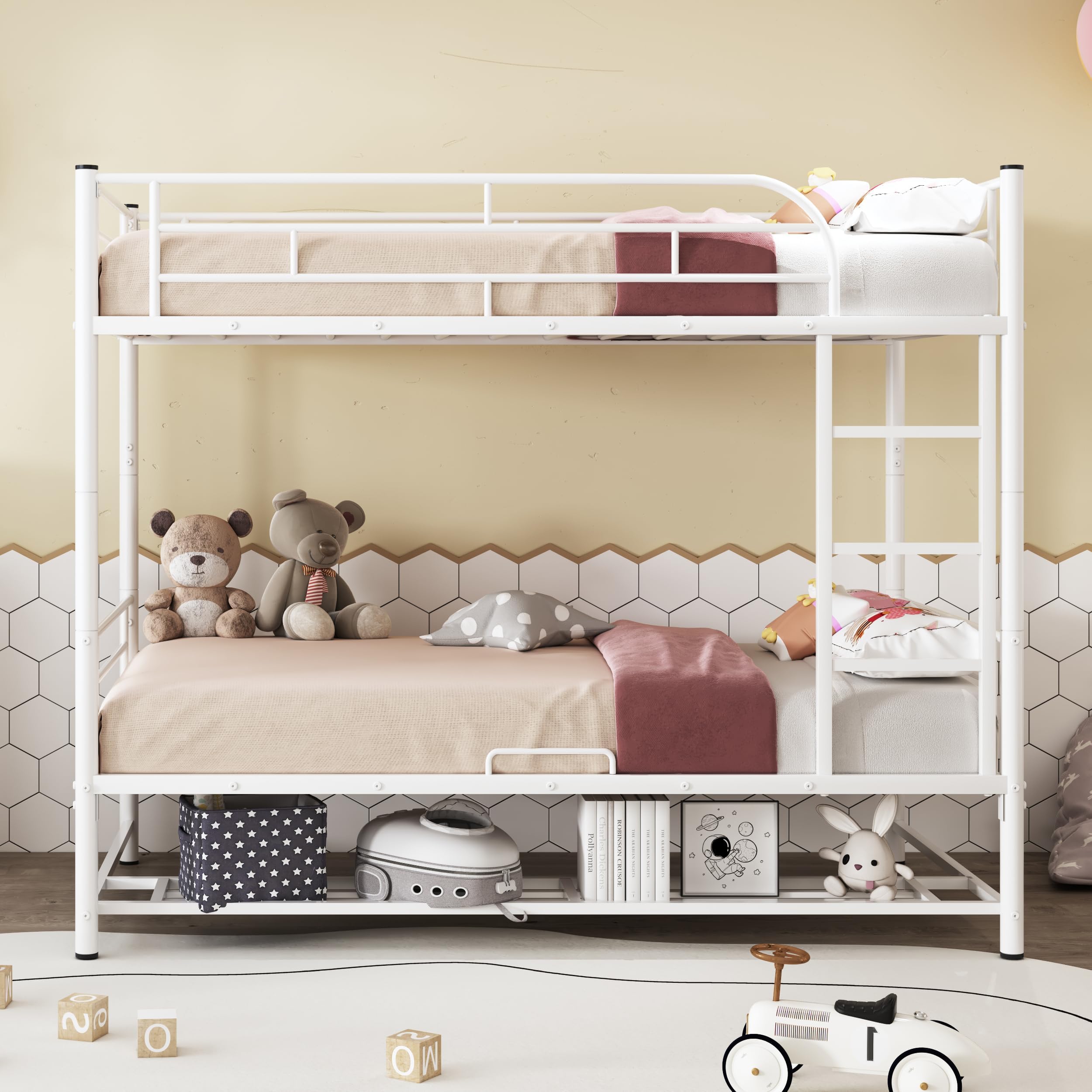 Amazon.com: Bunk Bed Twin Over Twin Size with Storage Shelf, Ladder and ...