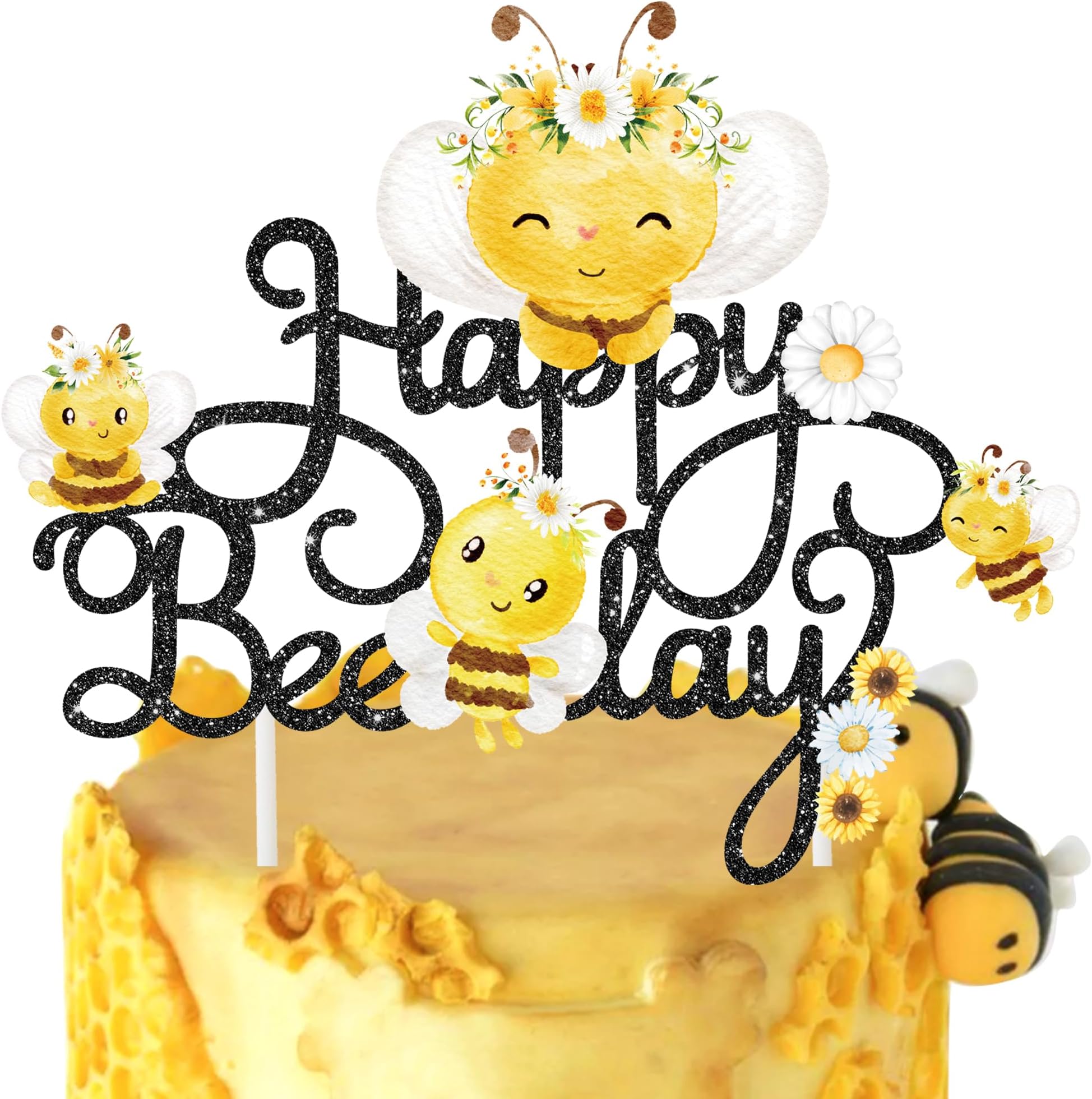 Amazon.com: Gyufise 1Pcs Happy Bee Day Cake Topper Flower Honeycomb ...
