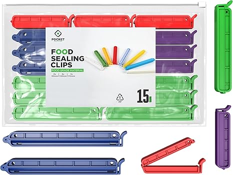 Bag Clips - Pack of 15, 3 Assorted Sizes & 4 Colors for Sealing Food ...