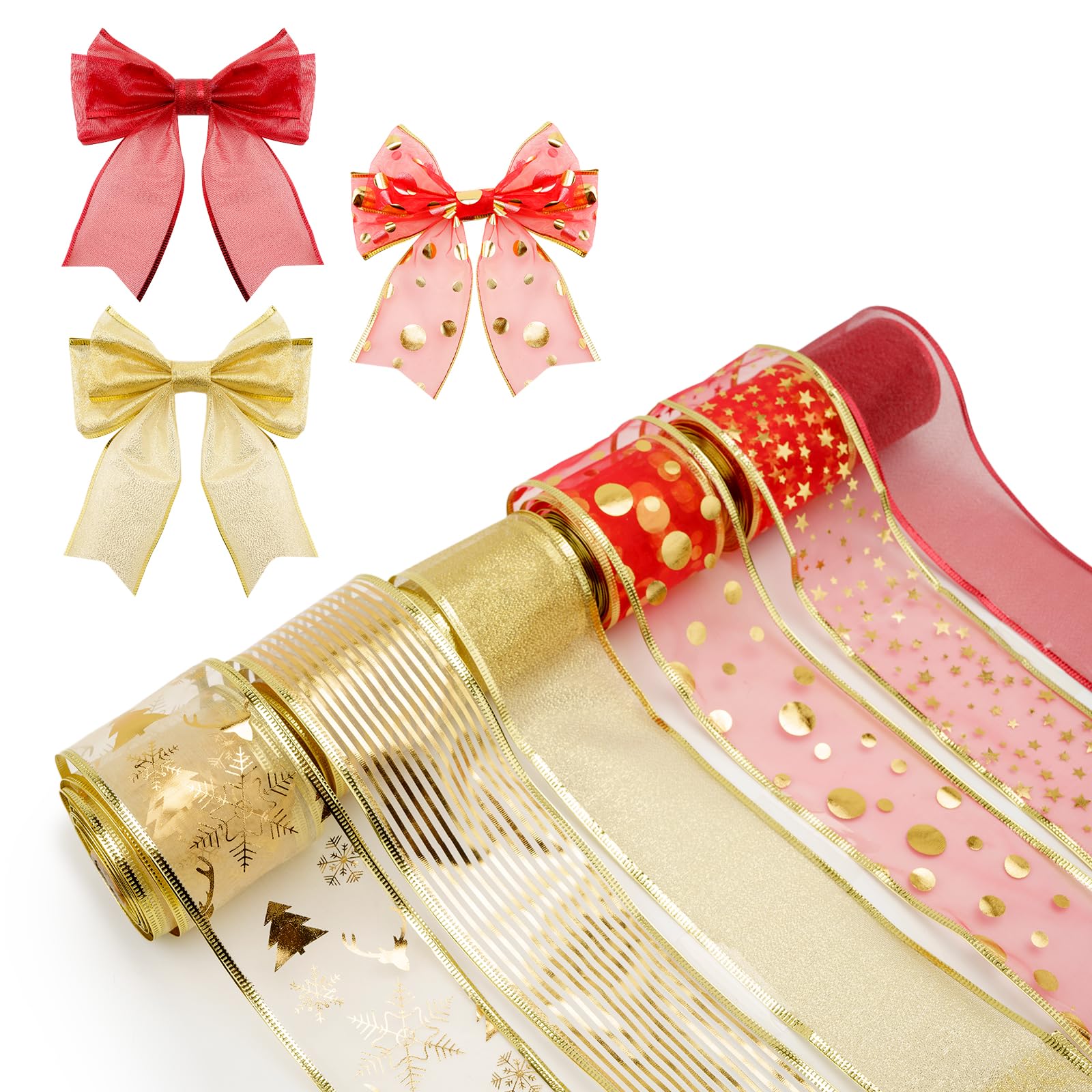 joycraft 6 Rolls Christmas Ribbon Wired, 30Yds Christmas Gift Wrapping ...