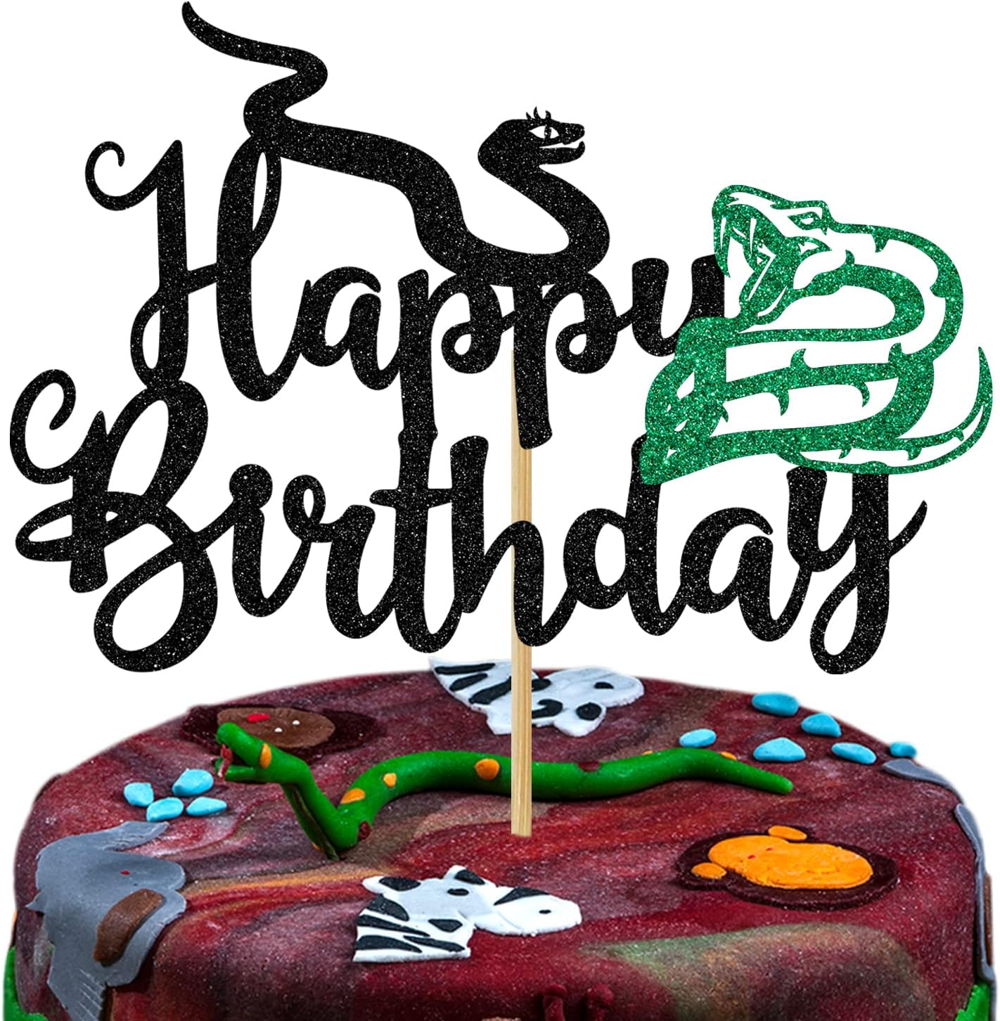 Amazon.com: Black Glitter Snake Happy Birthday Cake Topper, Snake Cake ...