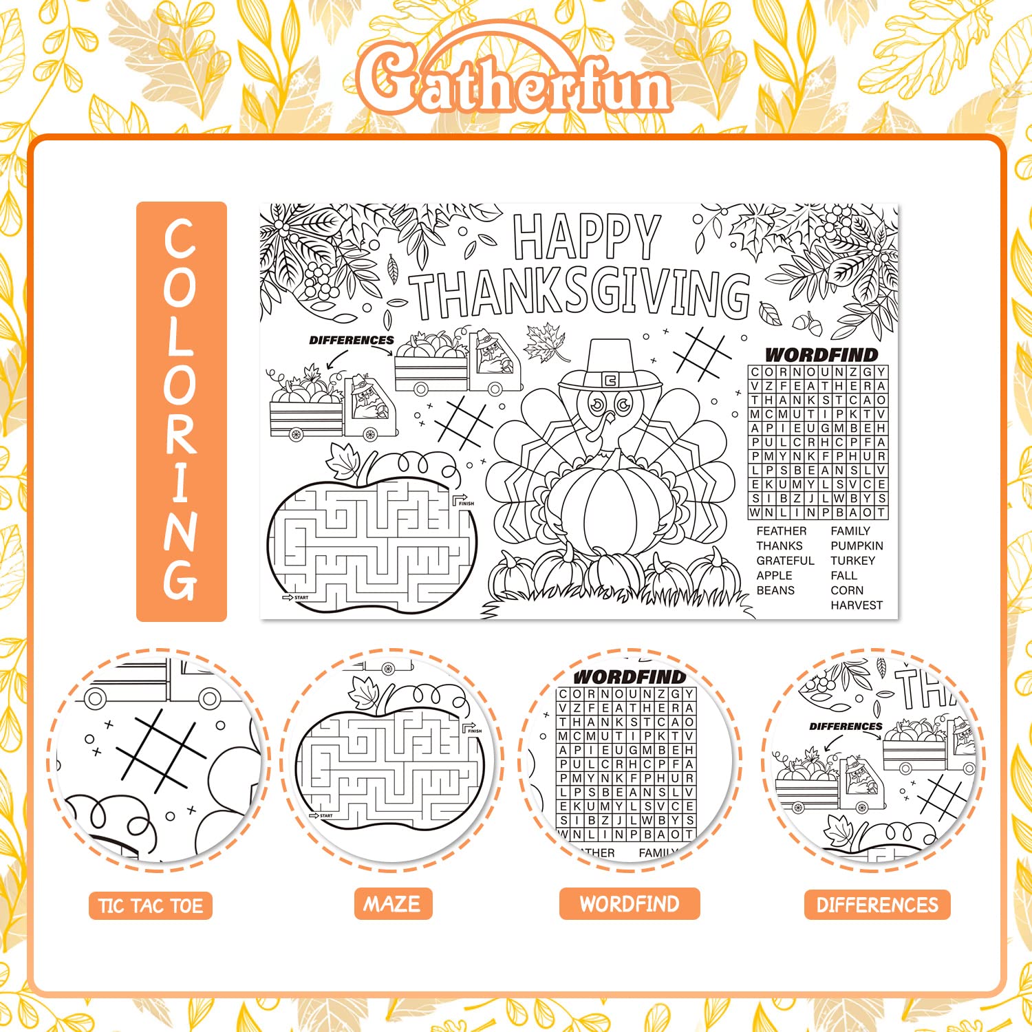 Snapklik.com : Disposable Fall Thanksgiving Place Mats For Kids 12 Pack ...