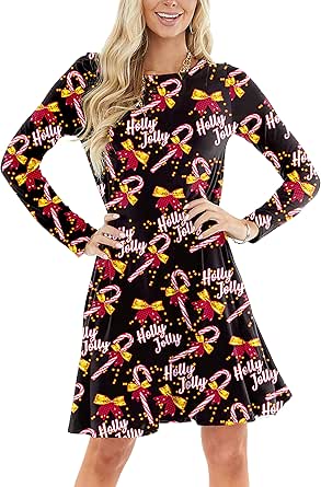 Amazon.com: Women Christmas Holly Jolly Dresses Candy Xmas Printed Long ...